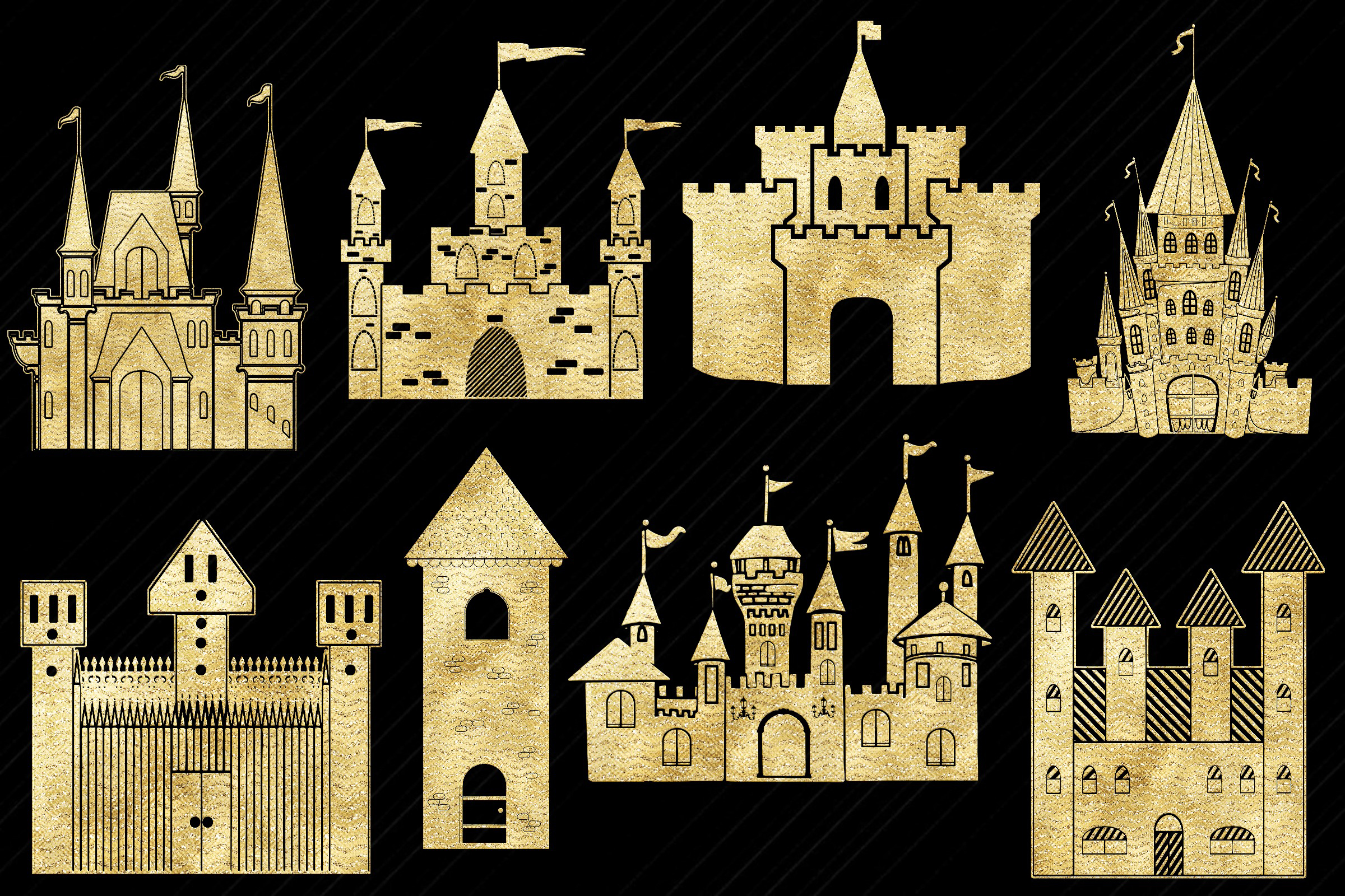 Gold Foil Castle Clip Art (160339) | Illustrations | Design Bundles