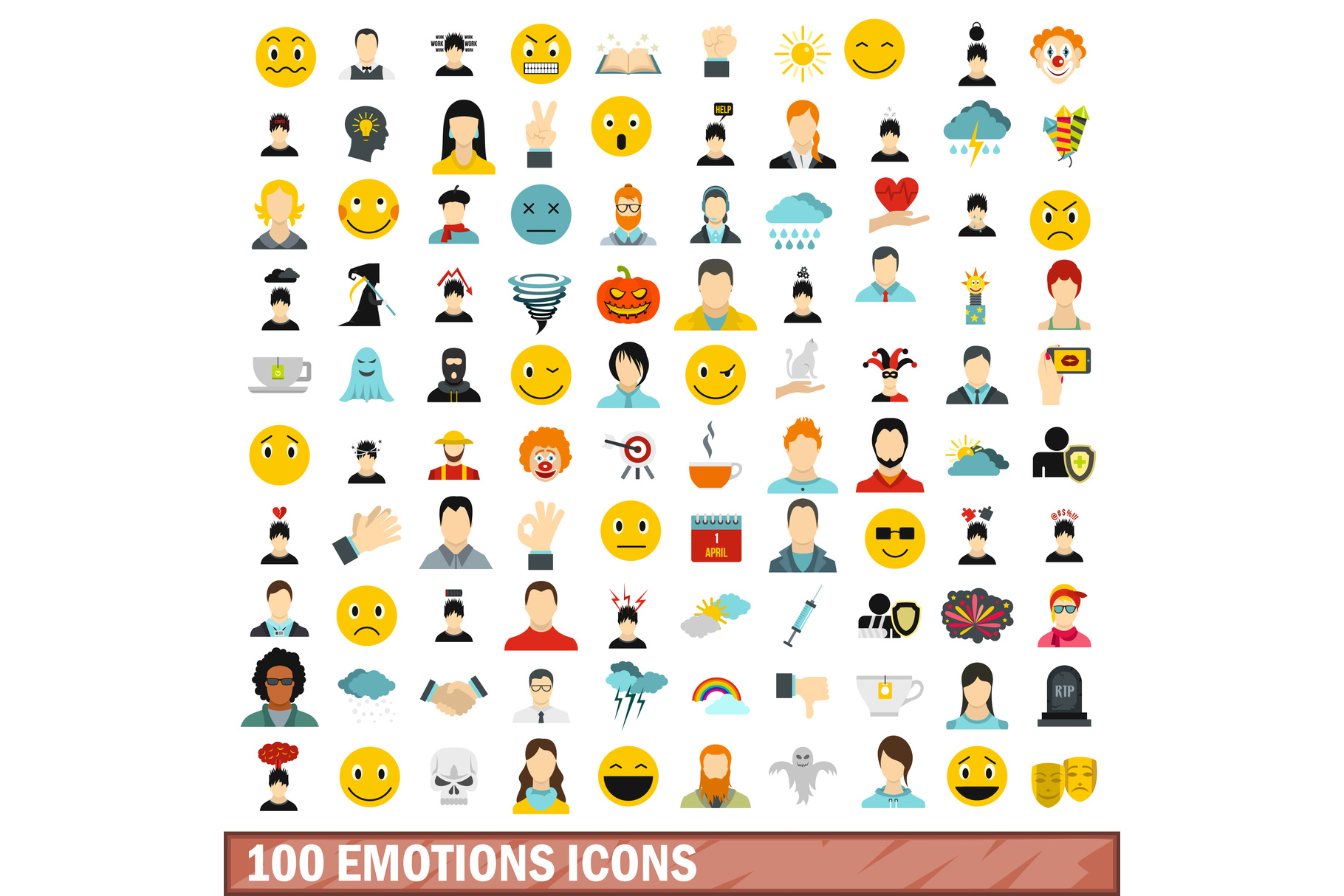 100 emotions icons set, flat style