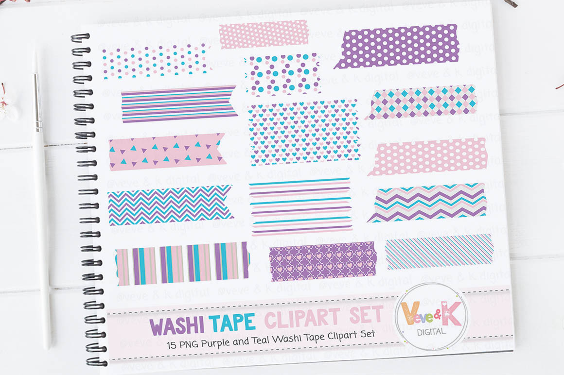 Purple and Teal Washi Tape Clip Art, Washi Tape Clipart set, Hearts ...