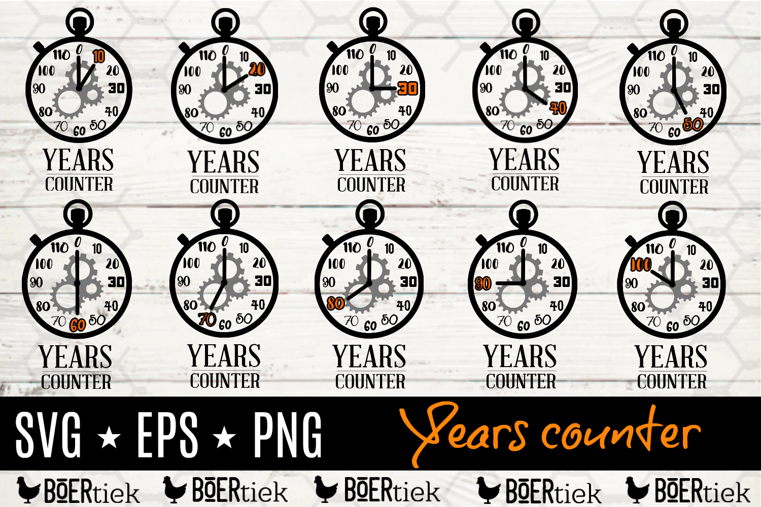 Years counter 10, 20, 30, 40, 50, 60, 70, 80, 90, 100 years