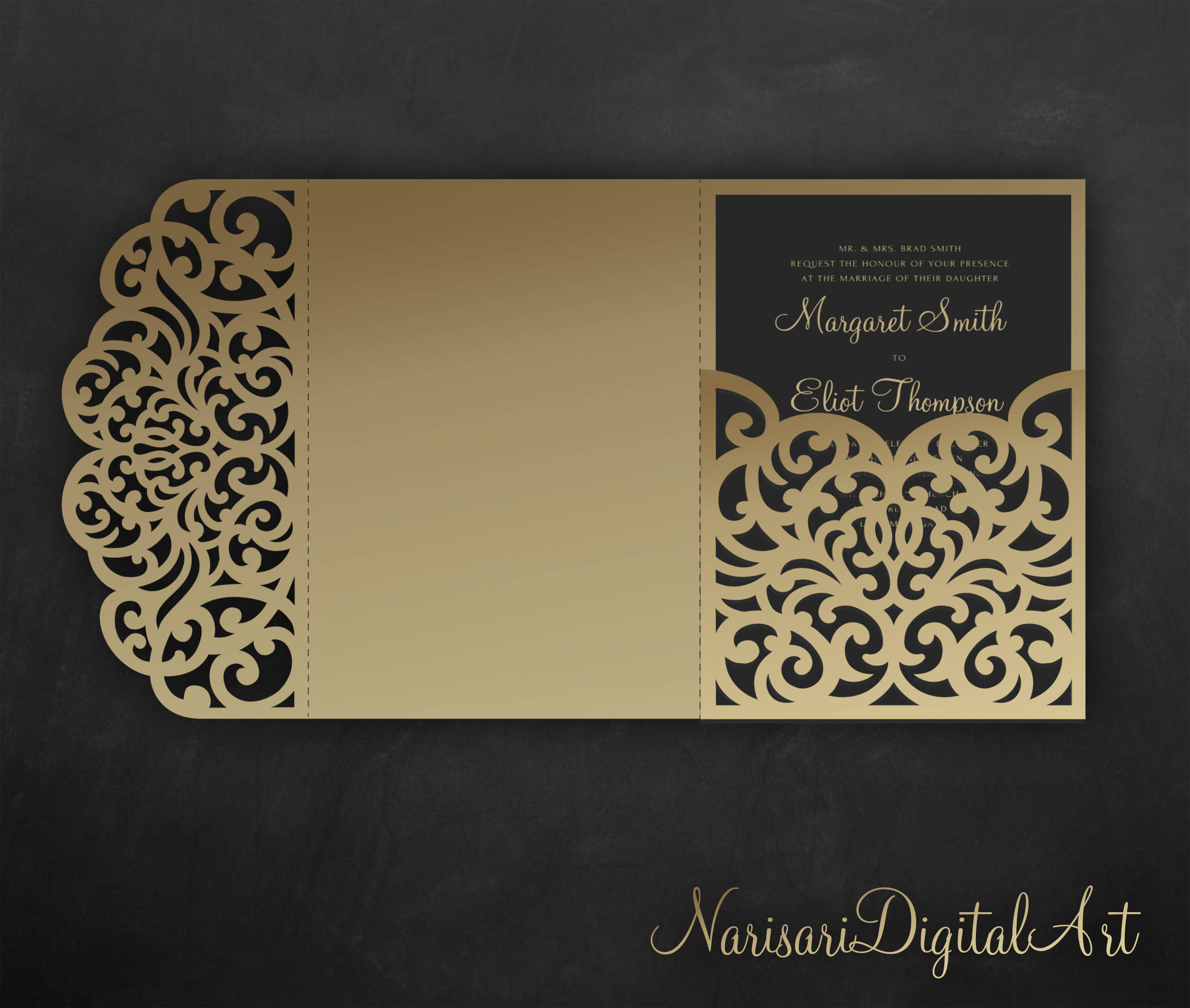 Laser Cut Wedding Invitation Set 5x7 Cricut Template Gate Fold Tri Fold Pocket Envelope 