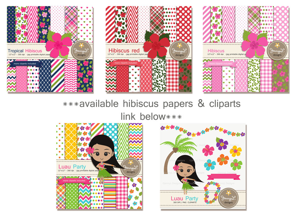 Luau Party Digital Paper and Hibiscus Flower clipart SET (83007 ...