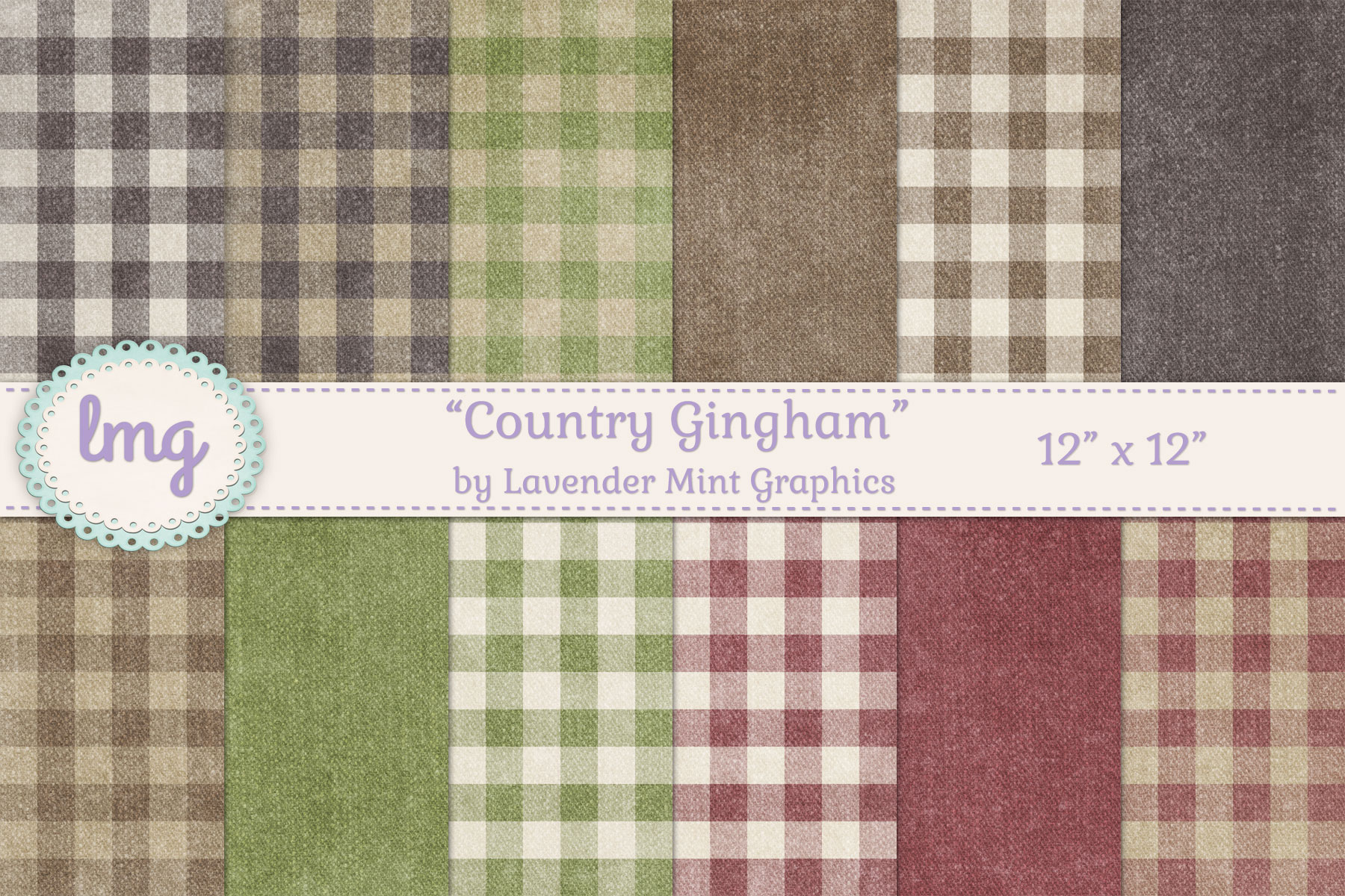 Country Gingham Background Papers in Brown, Green, and Red