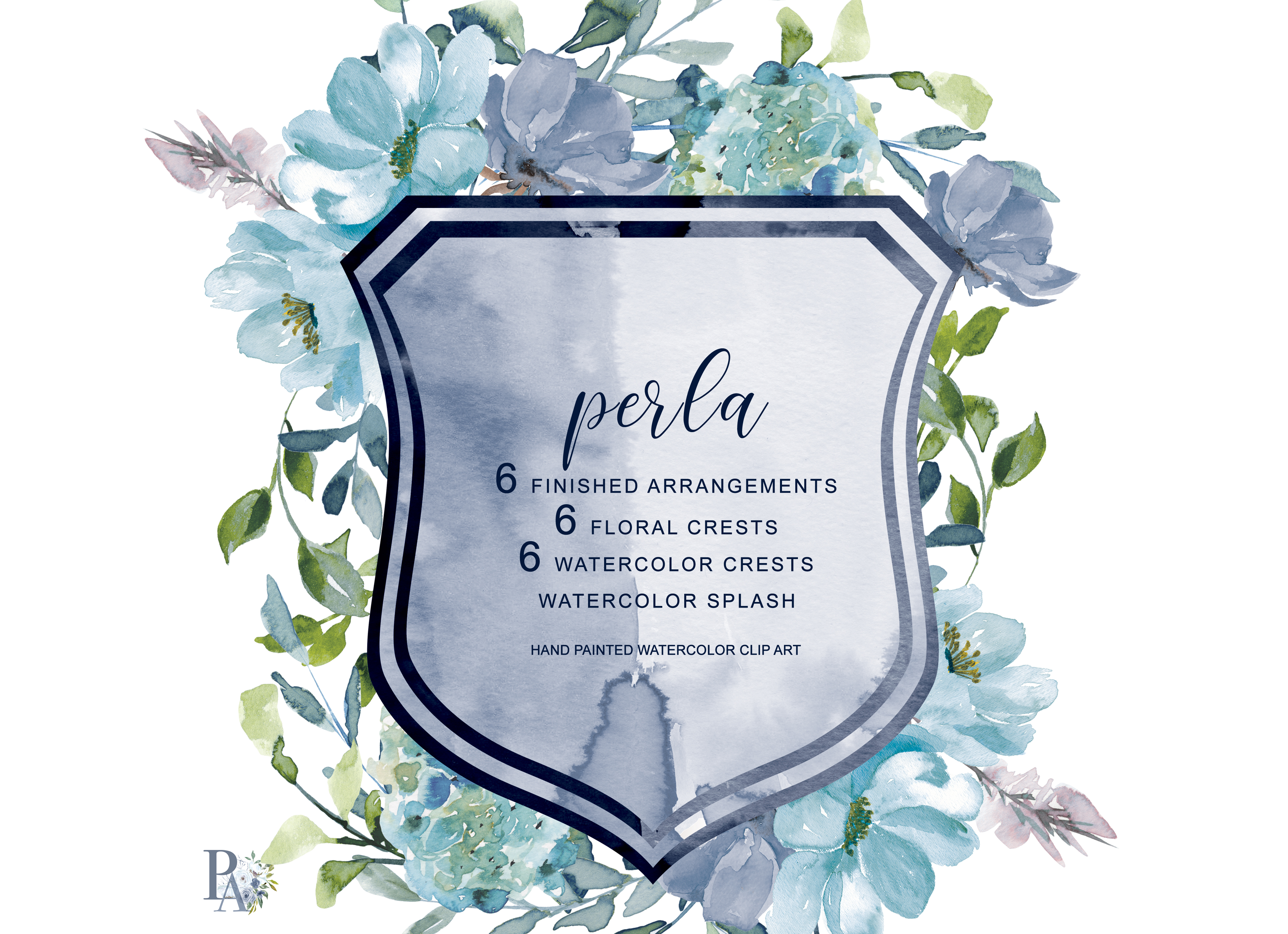 Watercolor French Blue Flowers Arrangement Clipart