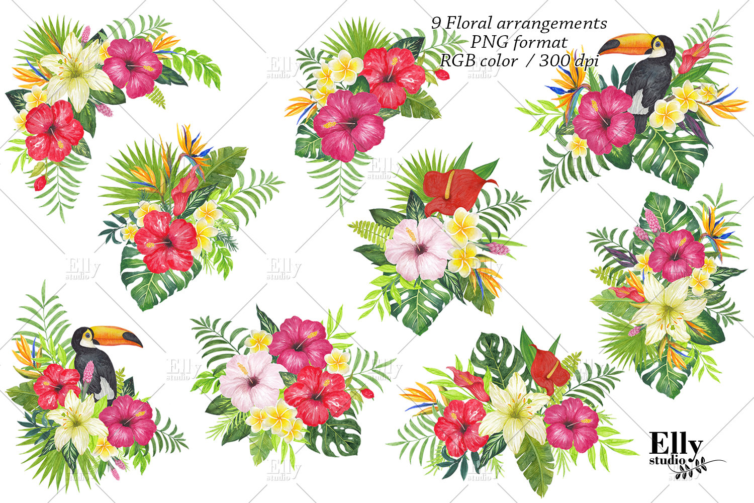 Watercolor Tropical Floral Clip Art (122505) | Illustrations | Design ...