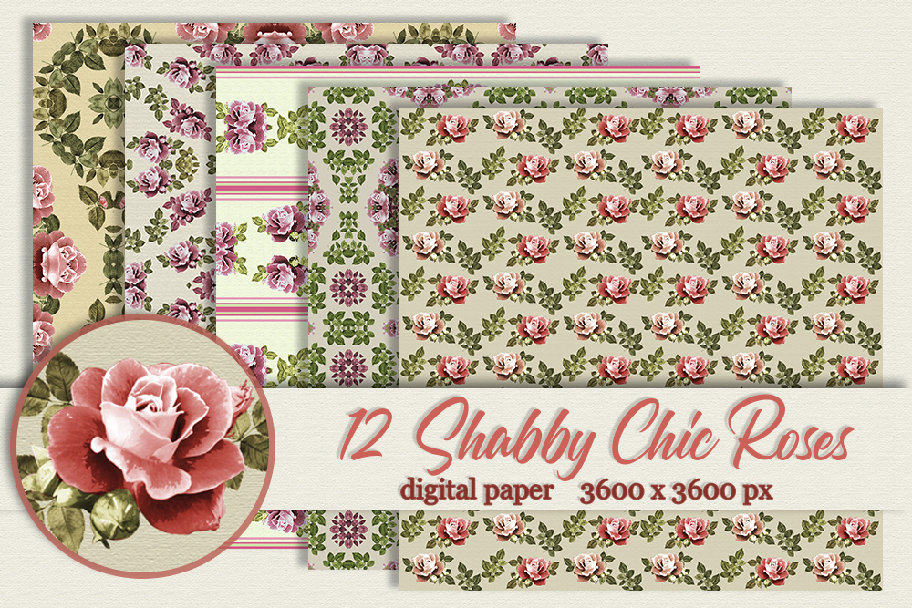 12 Shabby Chic Pink Roses digital paper Background (270293 ...