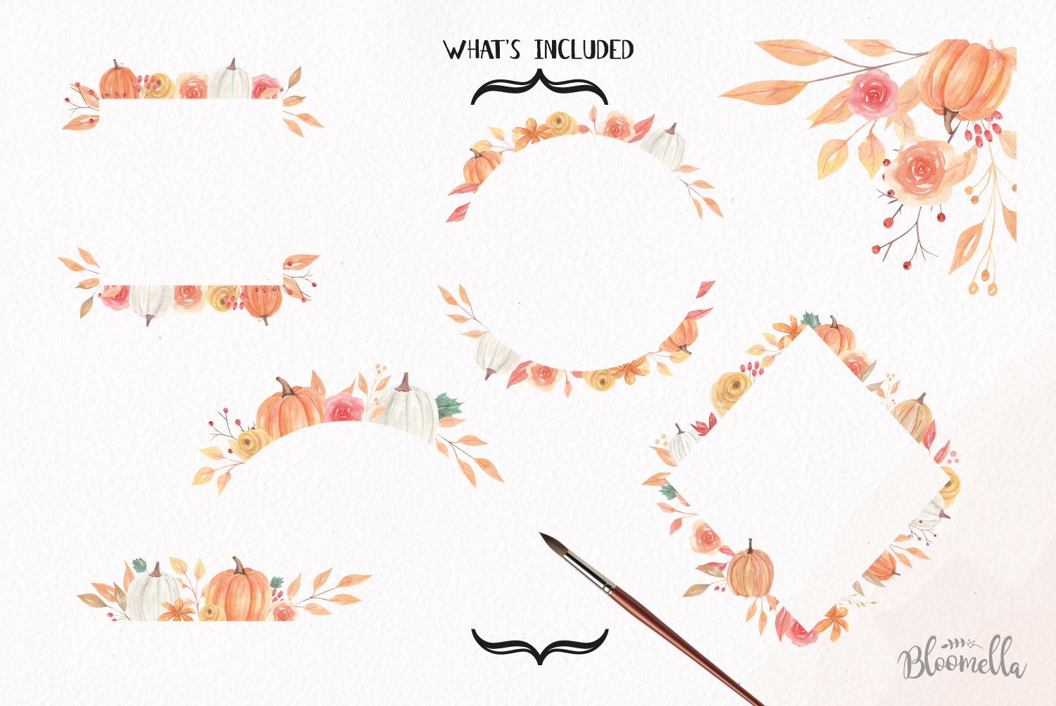 Pumpkin Watercolor Frames Borders Flowers Fall Autumn Set