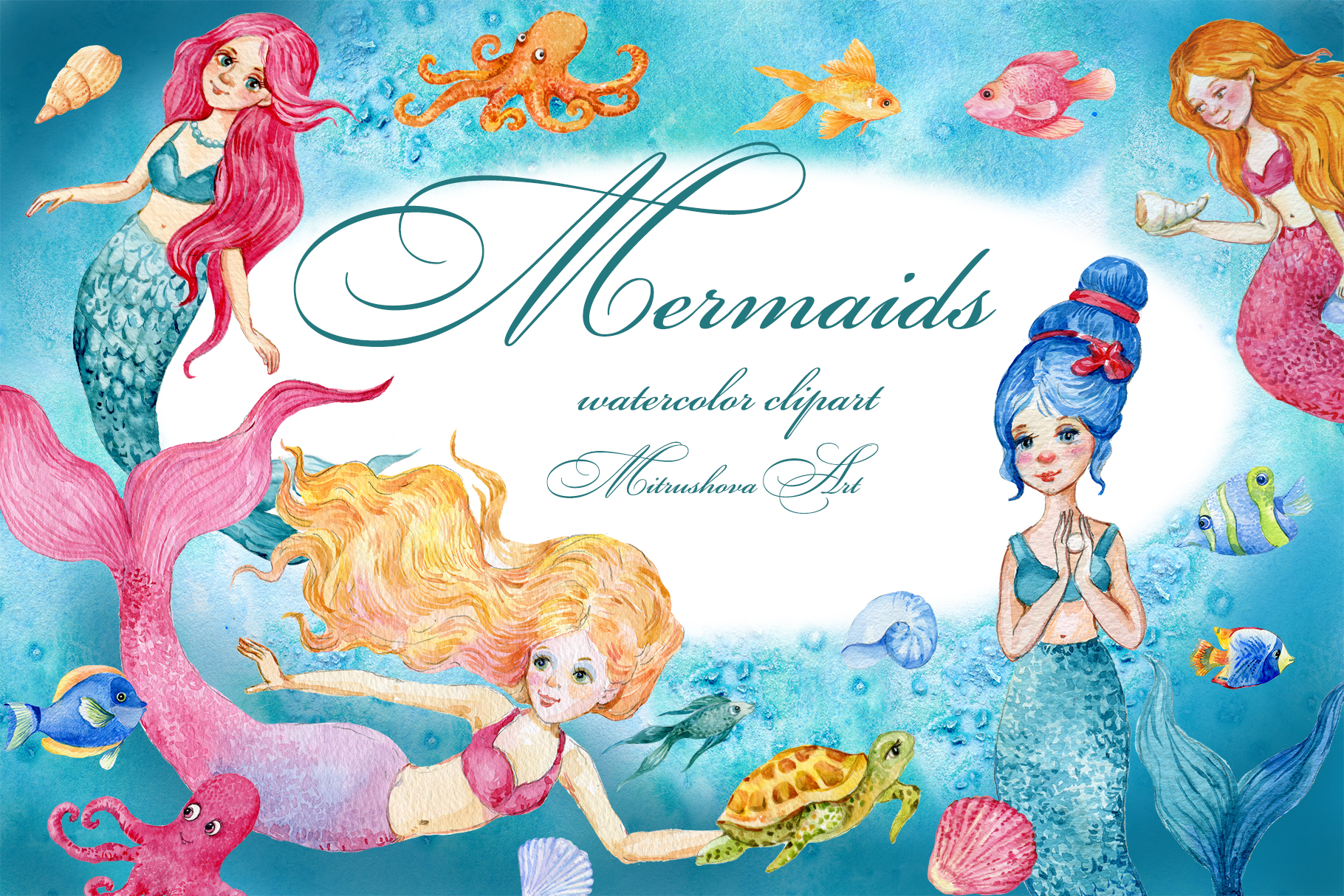Mermaids. watercolor clipart (161973) | Illustrations | Design Bundles