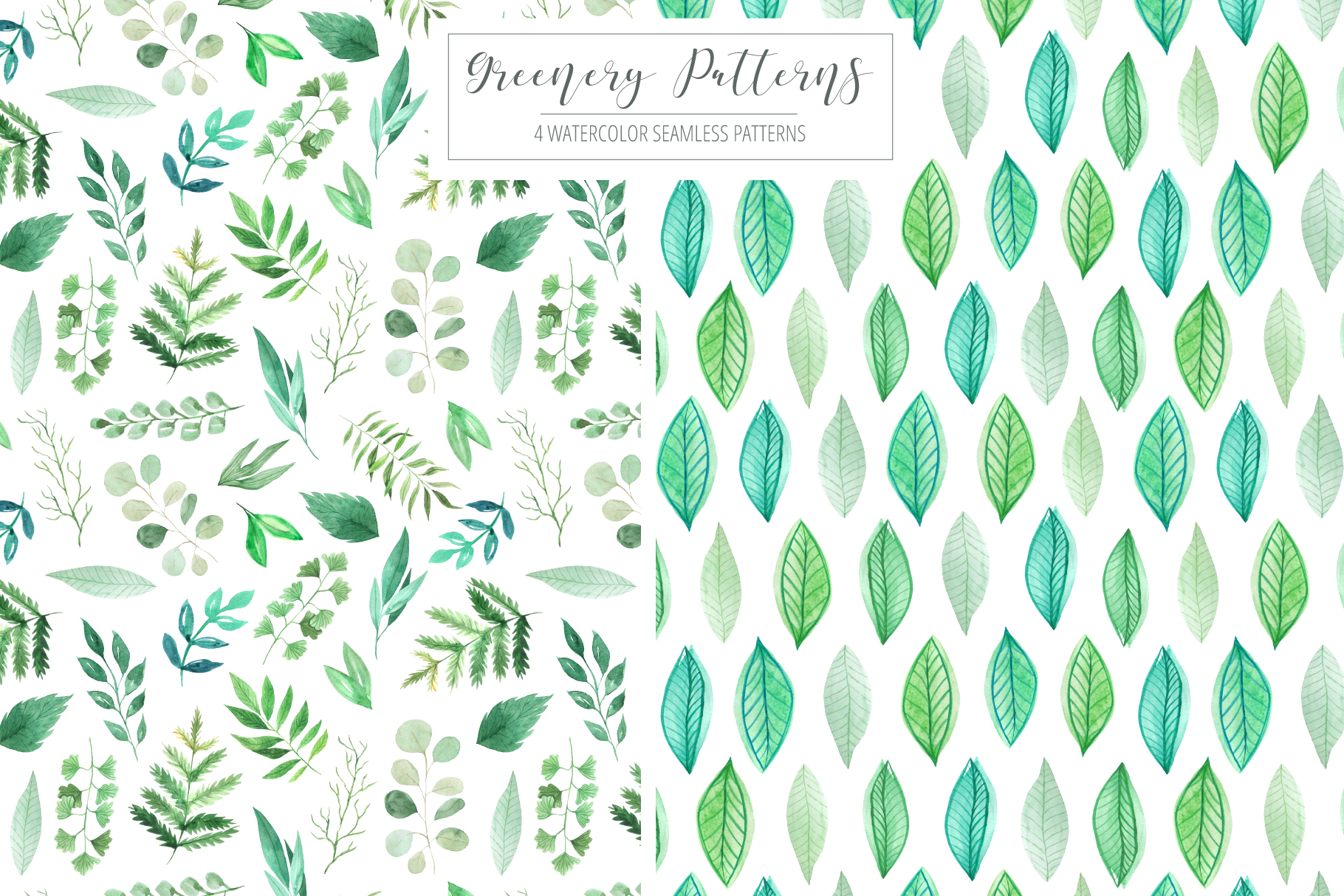 4 Watercolor Greenery Patterns (94143) | Patterns | Design Bundles