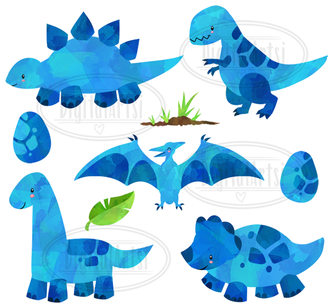 Watercolor Blue Dinosaurs Clipart (182113) | Illustrations | Design Bundles