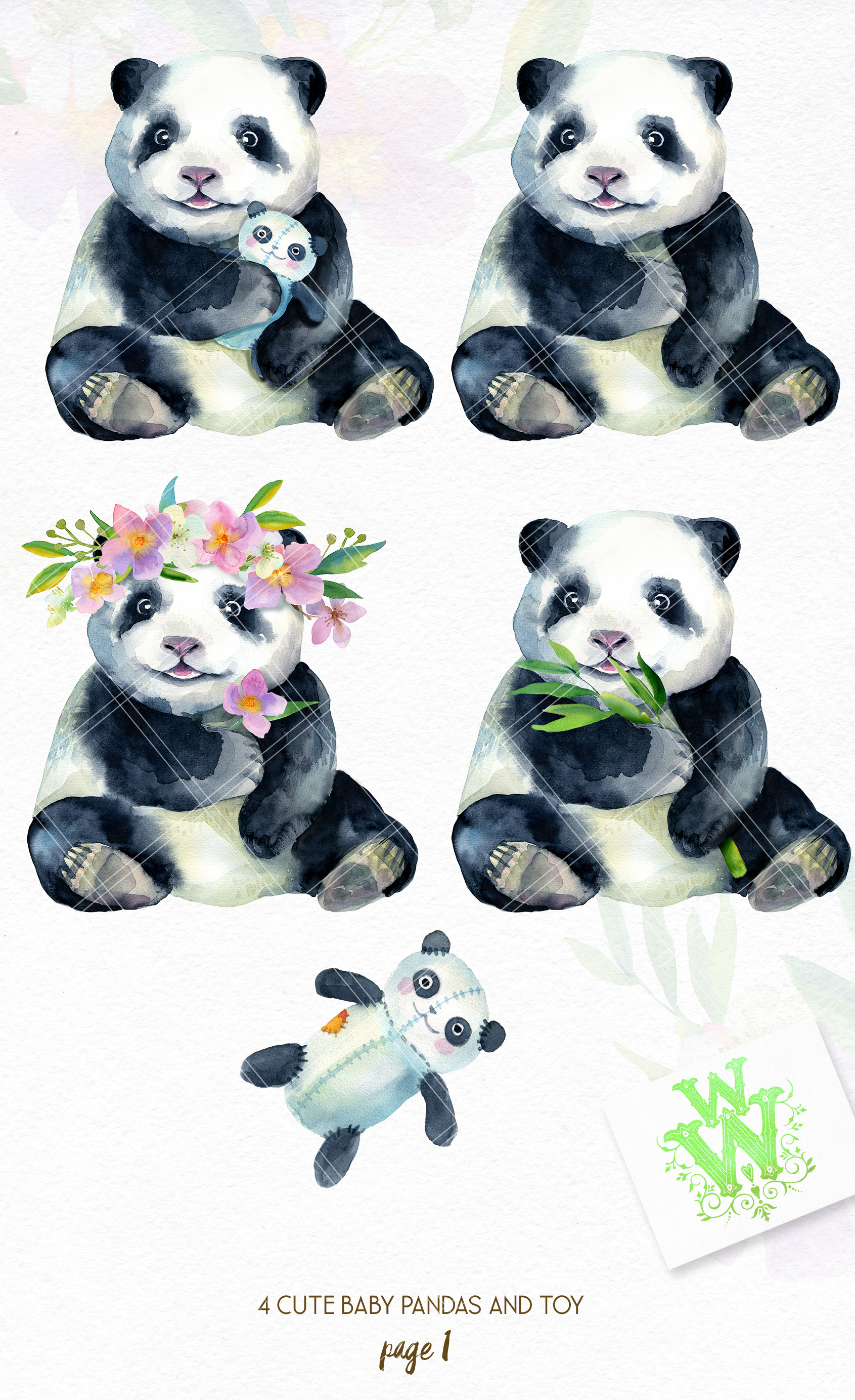 Watercolor baby panda bear clipart, bamboo, cute animal art