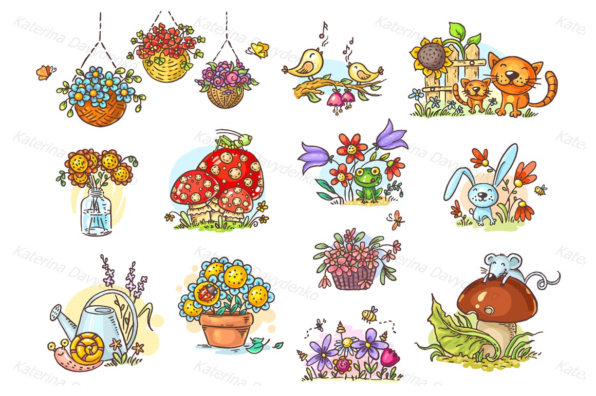 Cartoon illustrations with animals and flowers