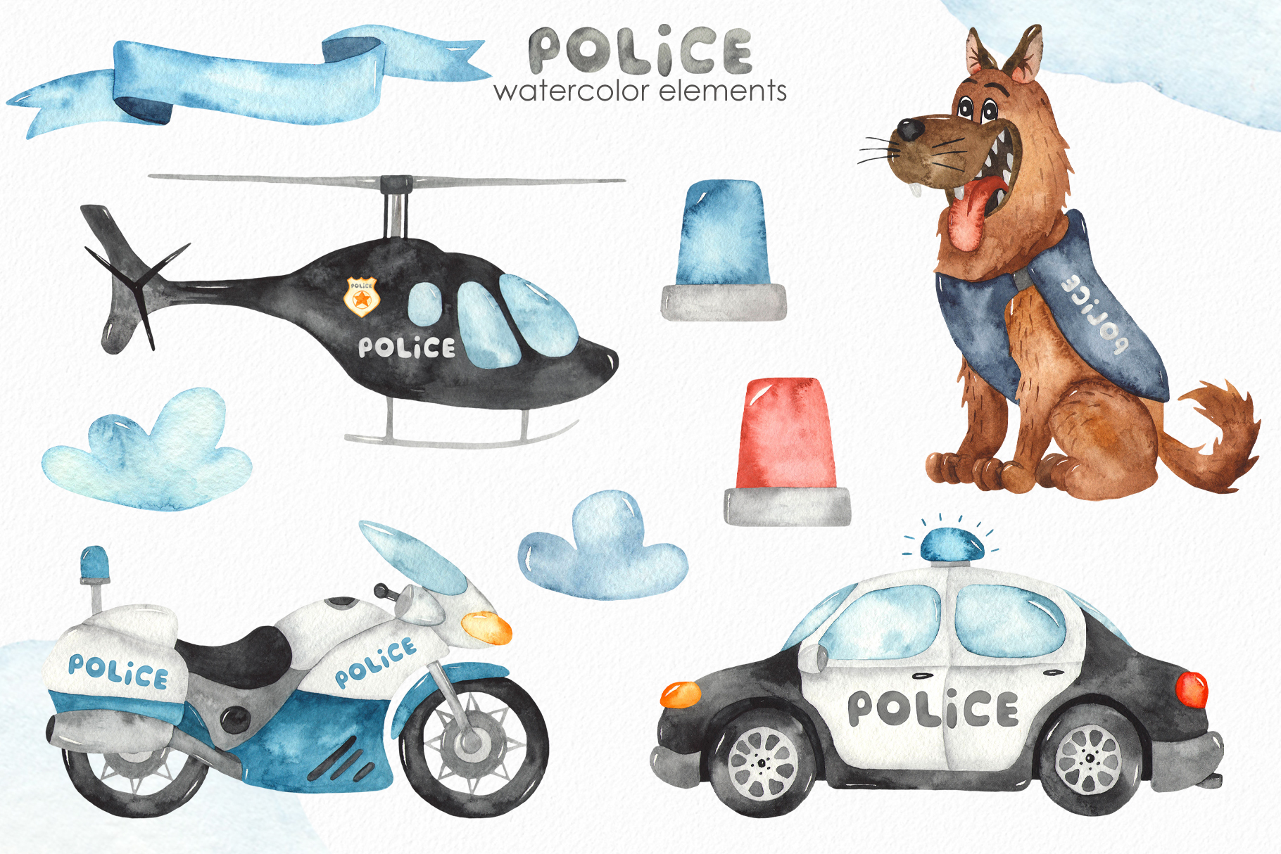 Watercolor Police. Clipart, premade card, seamless patterns