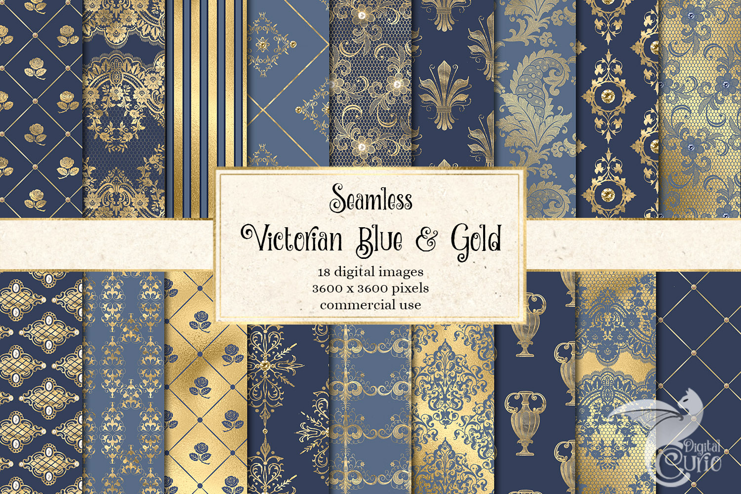Victorian Blue and Gold Digital Paper (290216) | Patterns | Design Bundles