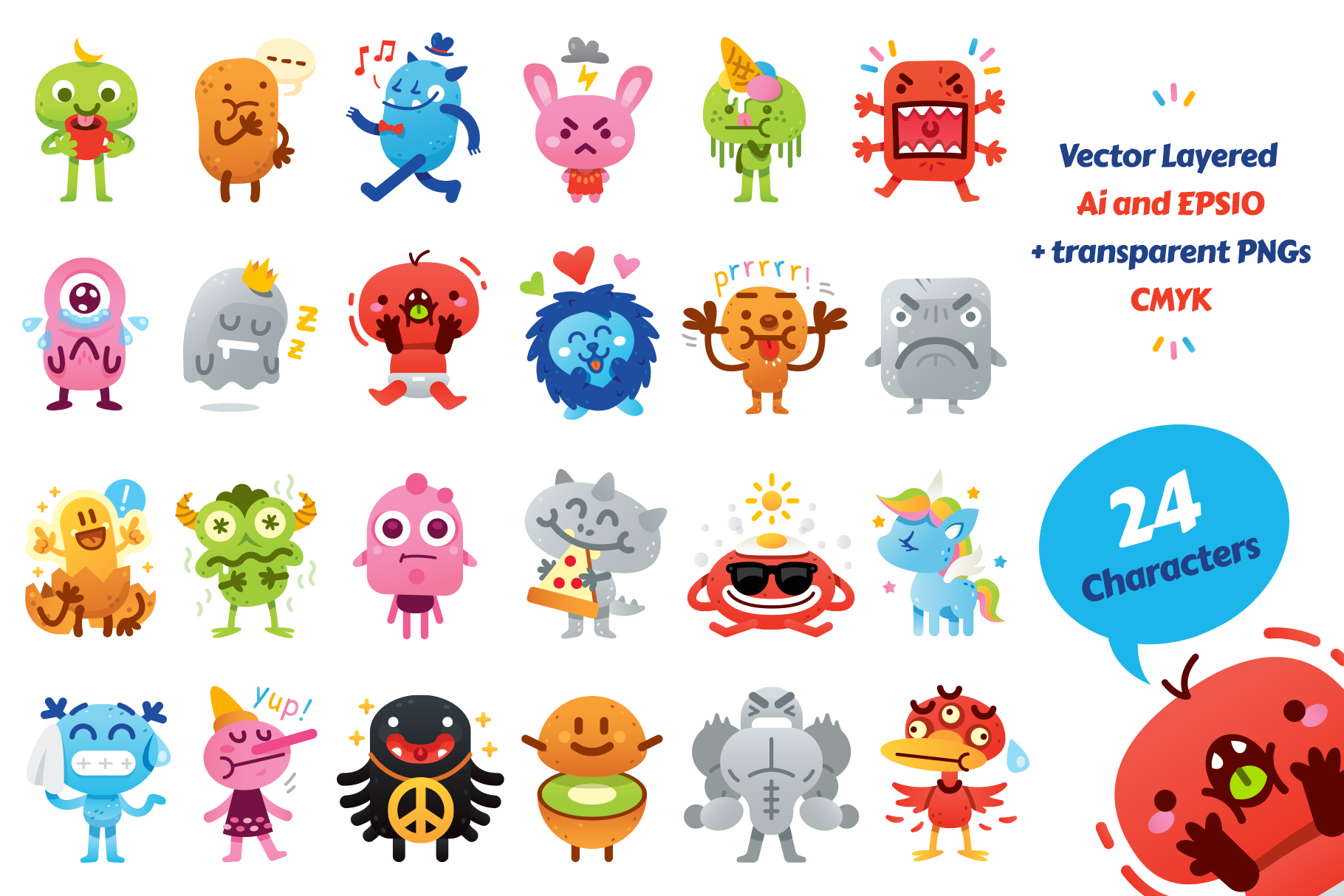 24 Cute Freak Monster Emoji Set (99900) | Illustrations | Design Bundles