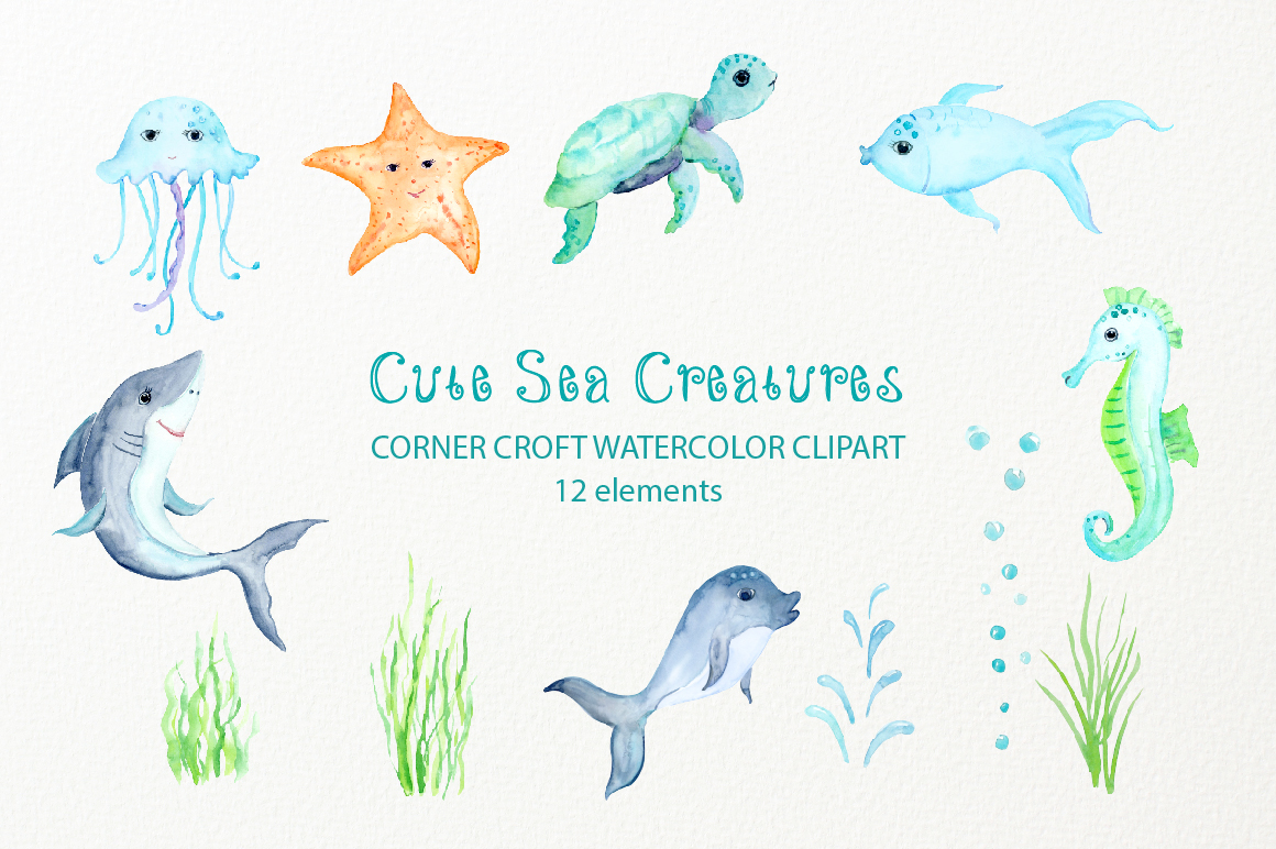 Watercolor Clipart Cute Sea Creatures