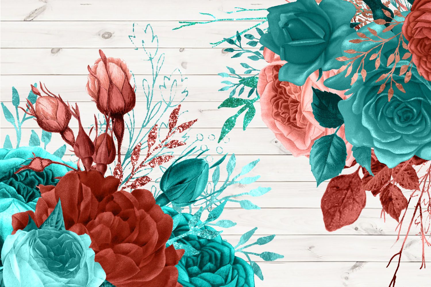 Turquoise and Coral Floral Clipart (269512) | Illustrations | Design ...