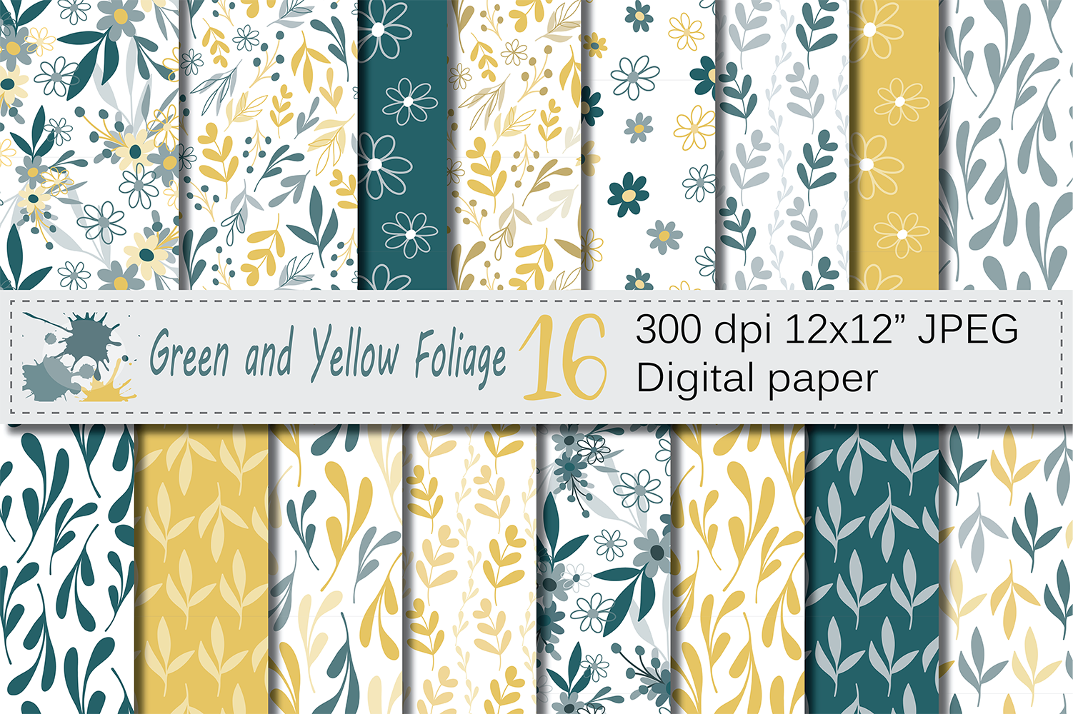 Seamless Green and Yellow Hand Drawn Flowers and Leaves Digital Paper ...