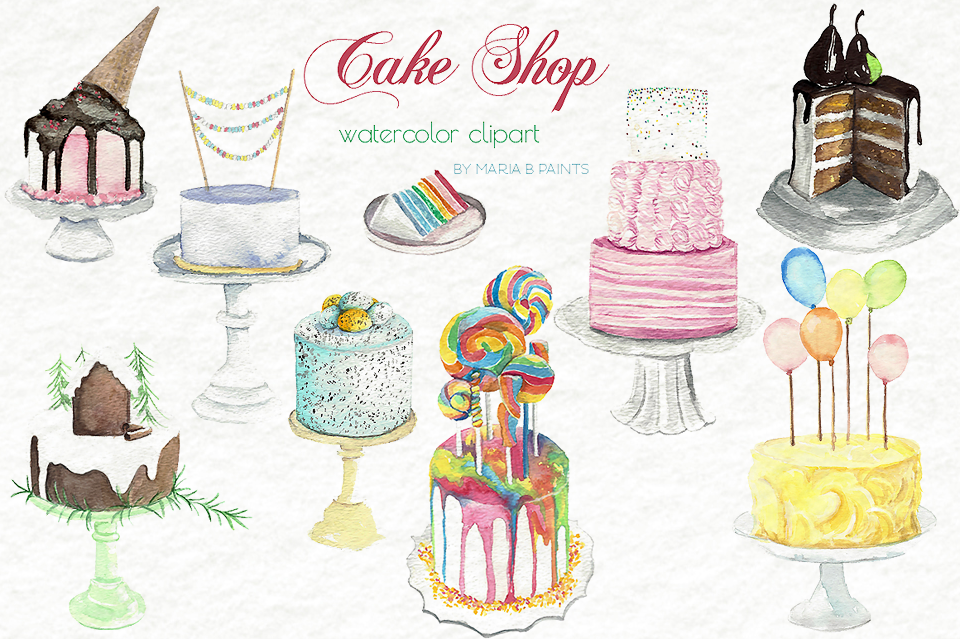 Watercolor Clip Art - Cakes (37315) | Illustrations | Design Bundles