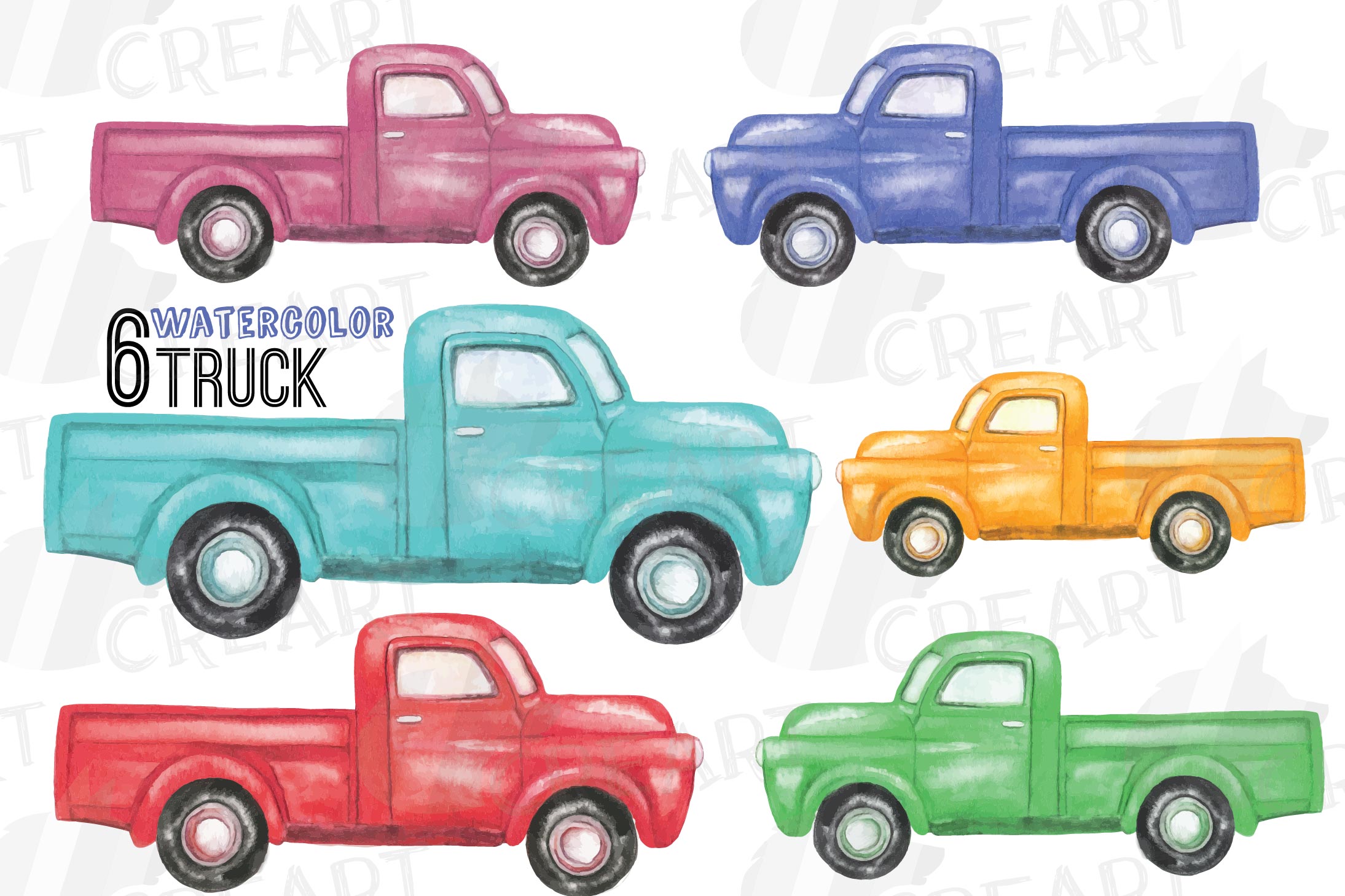 Watercolor colorful truck clip art. Printable pickup cars