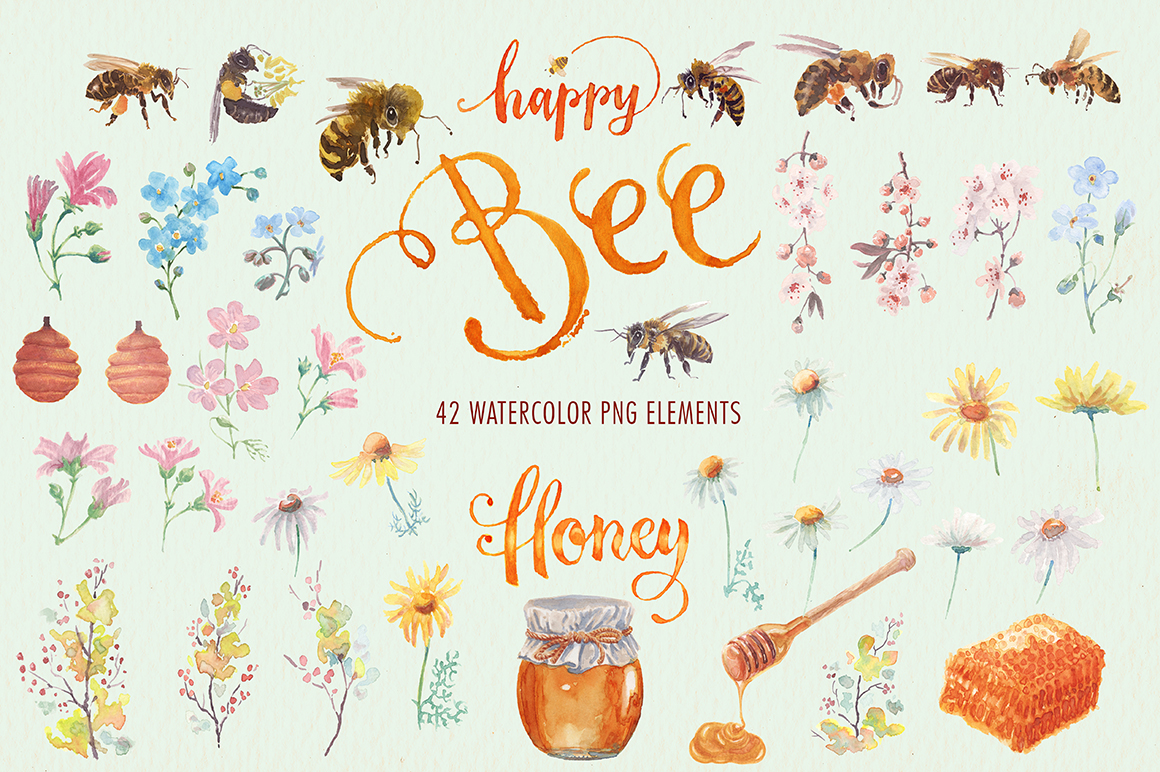 Watercolor happy bee clipart set (66206) | Illustrations | Design Bundles