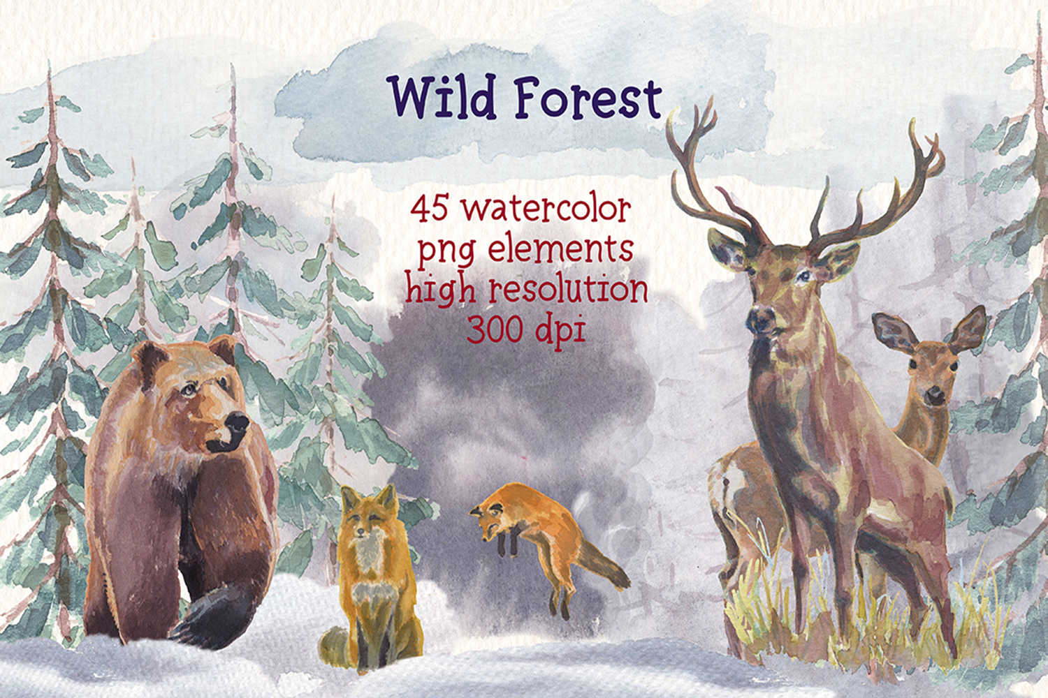 wild forest watercolor clip art (192310) | Illustrations | Design Bundles