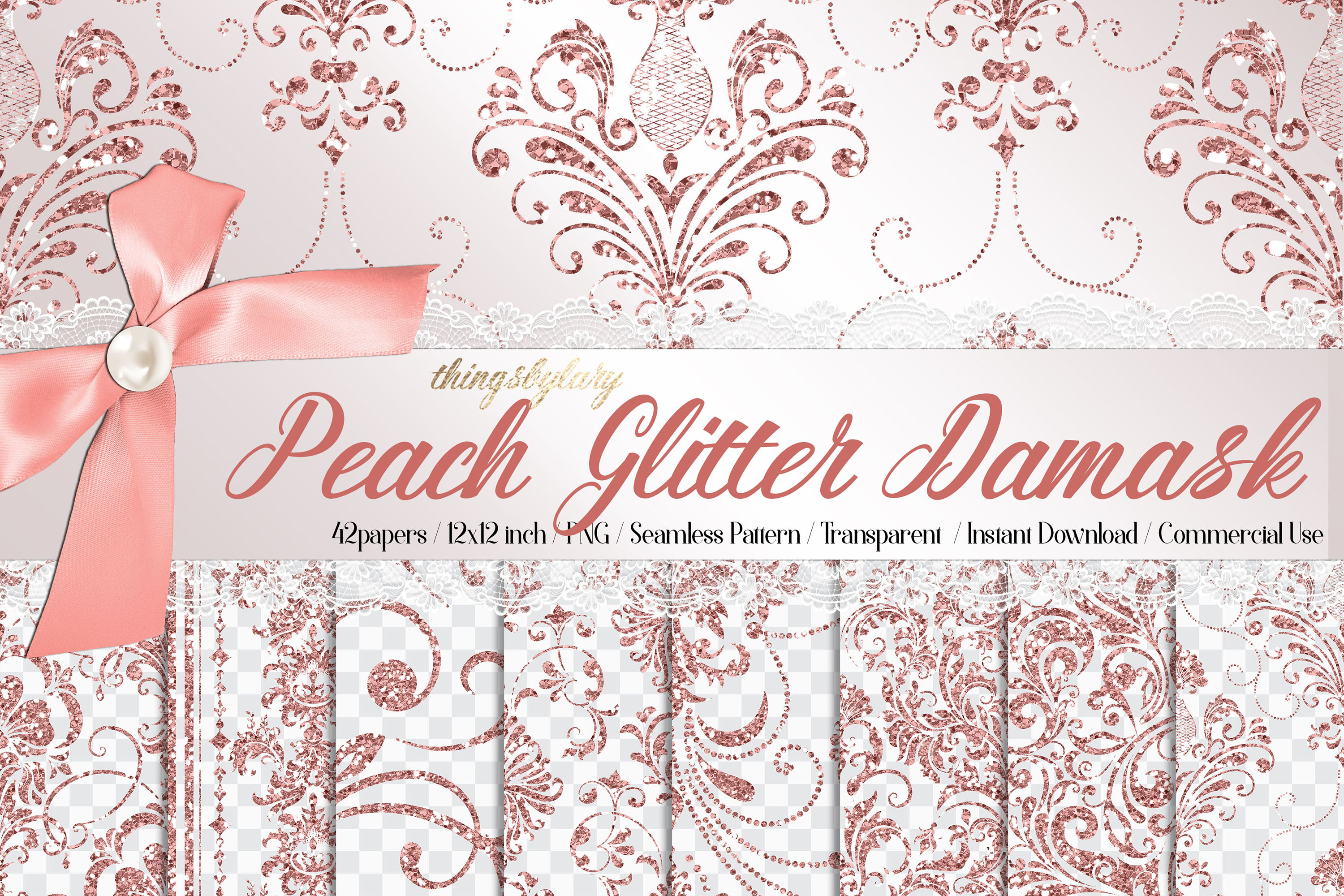 42 Pale Pink Peach Glitter Seamless Damask Ornament Overlays (141953 ...