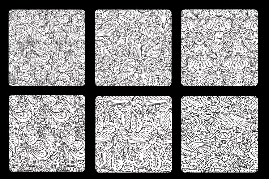Fancy black and white seamless patterns set