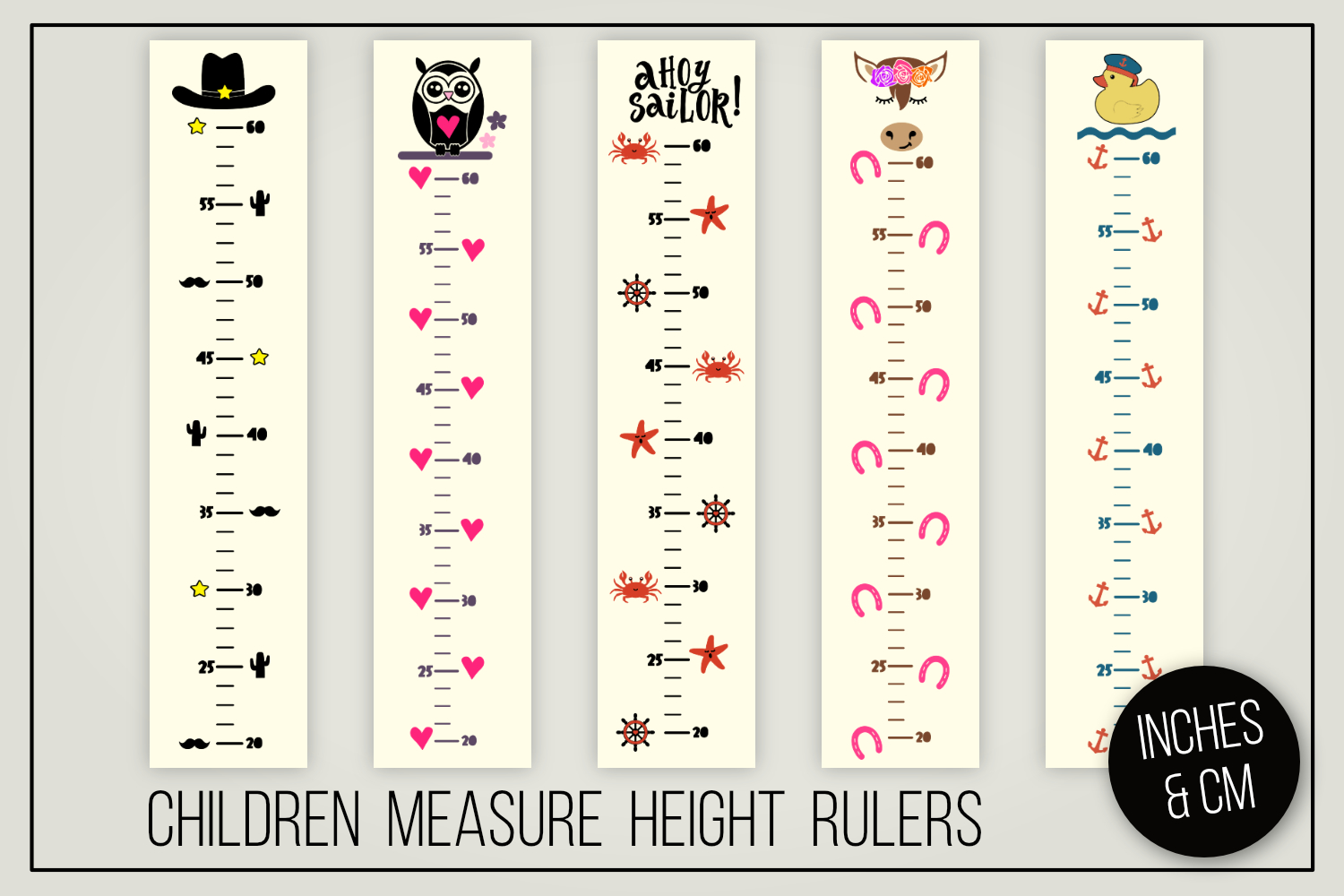 Children measure height rulers