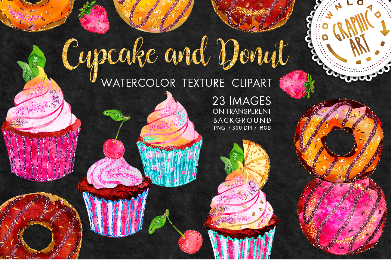 Cupcake and Donut Clip Art (111515) | Illustrations | Design Bundles