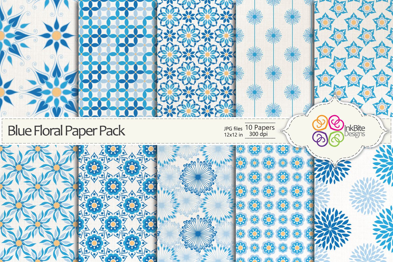 Blue Floral Paper Pack (87922) | Backgrounds | Design Bundles