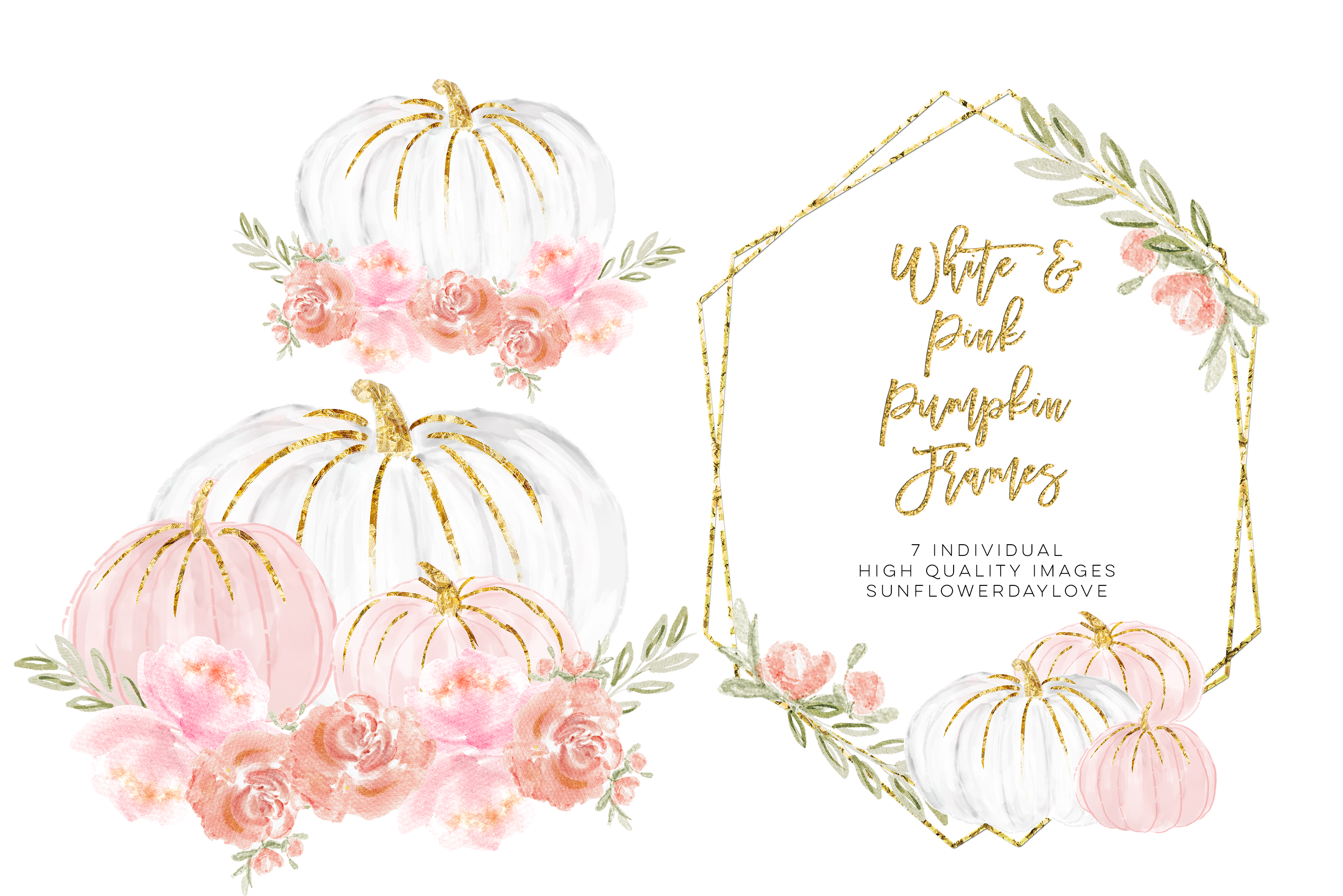Watercolor Floral Frame Clipart, White and Pink Pumpkins