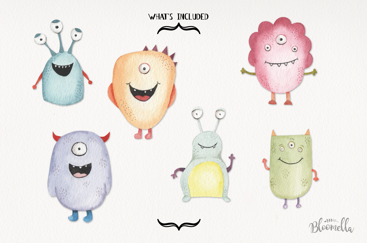 Fun Monsters Watercolor 6 Designs Set Kids Halloween Painted