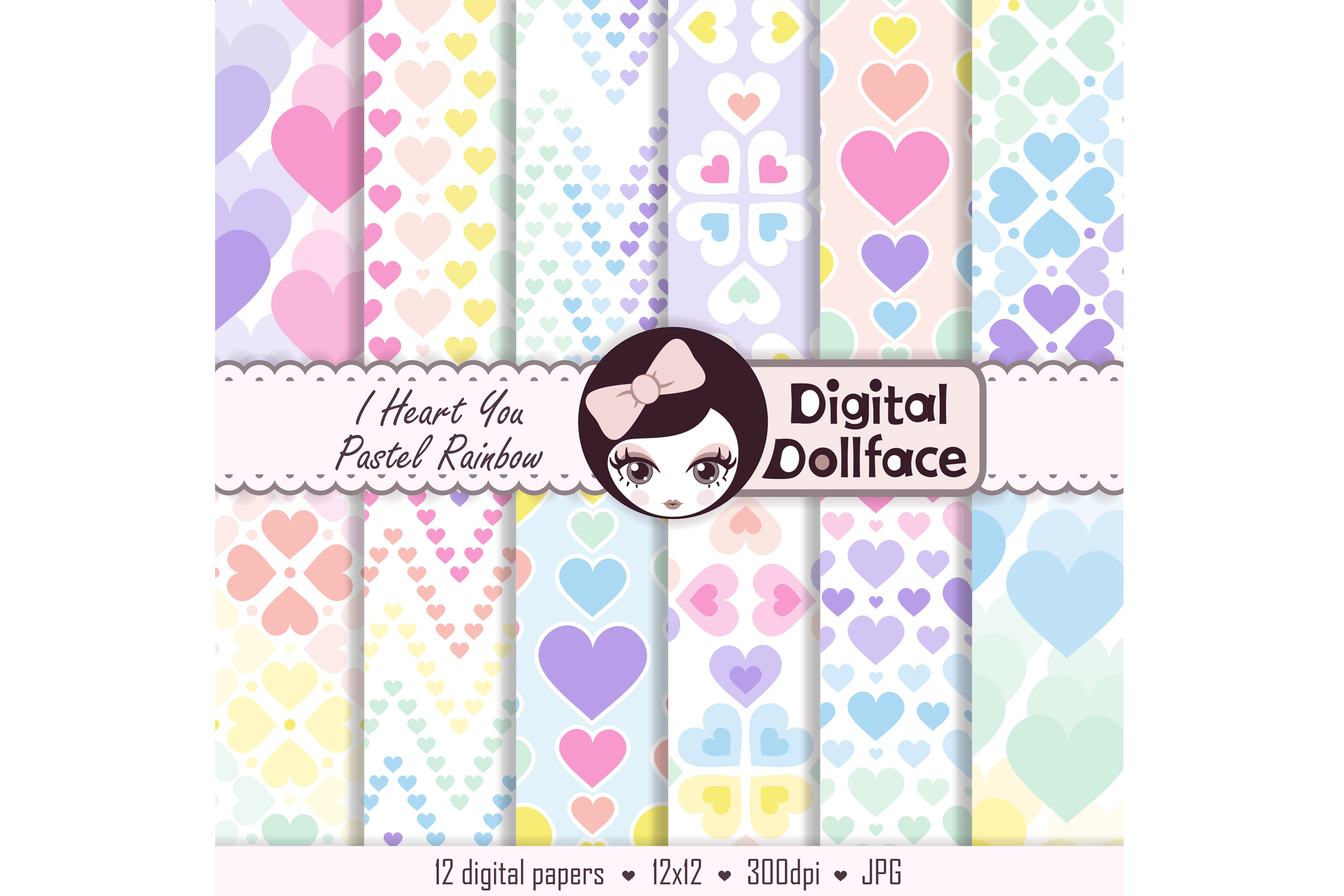 Pastel Heart Background, Rainbow Digital Paper Pack