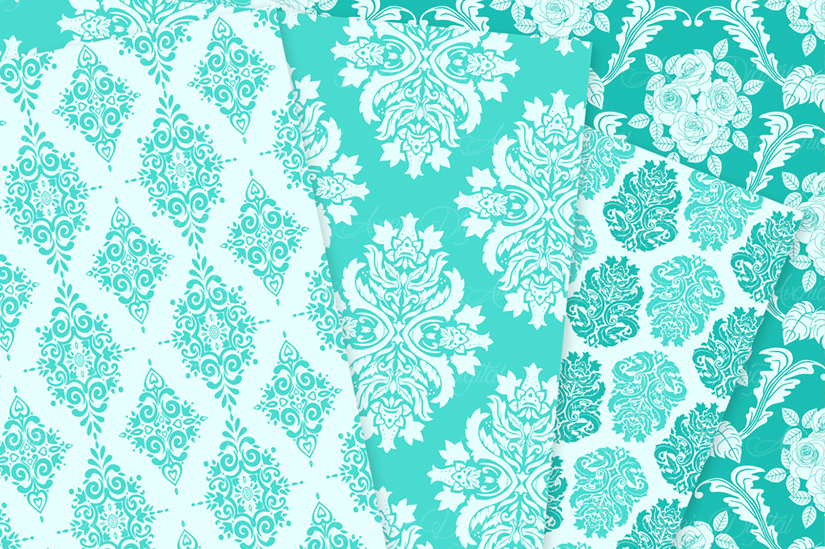 28 Turquoise Damask Patterns - Seamless Digital Papers Bundle (42929 ...