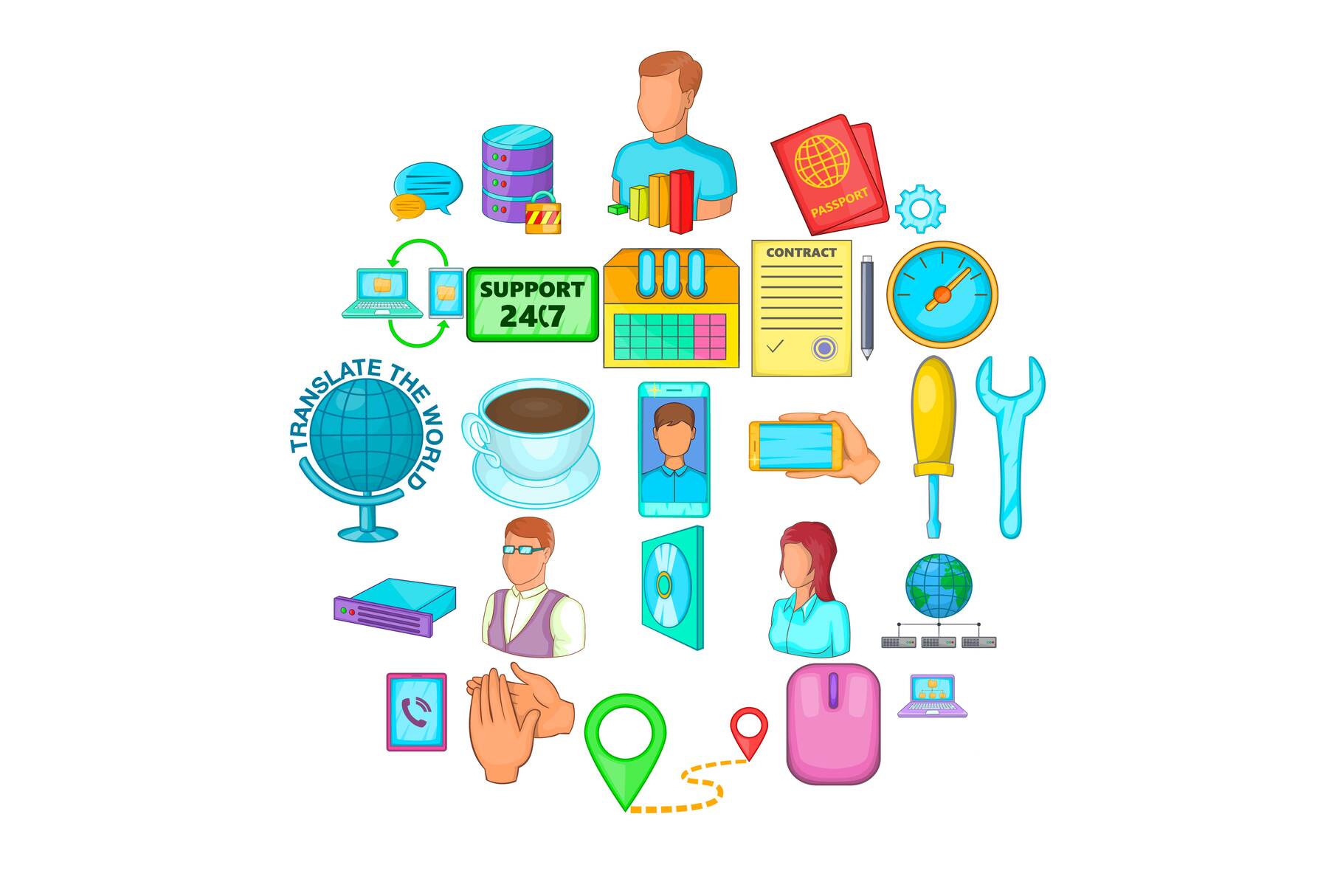 Ubiquitous globalization icons set, cartoon style