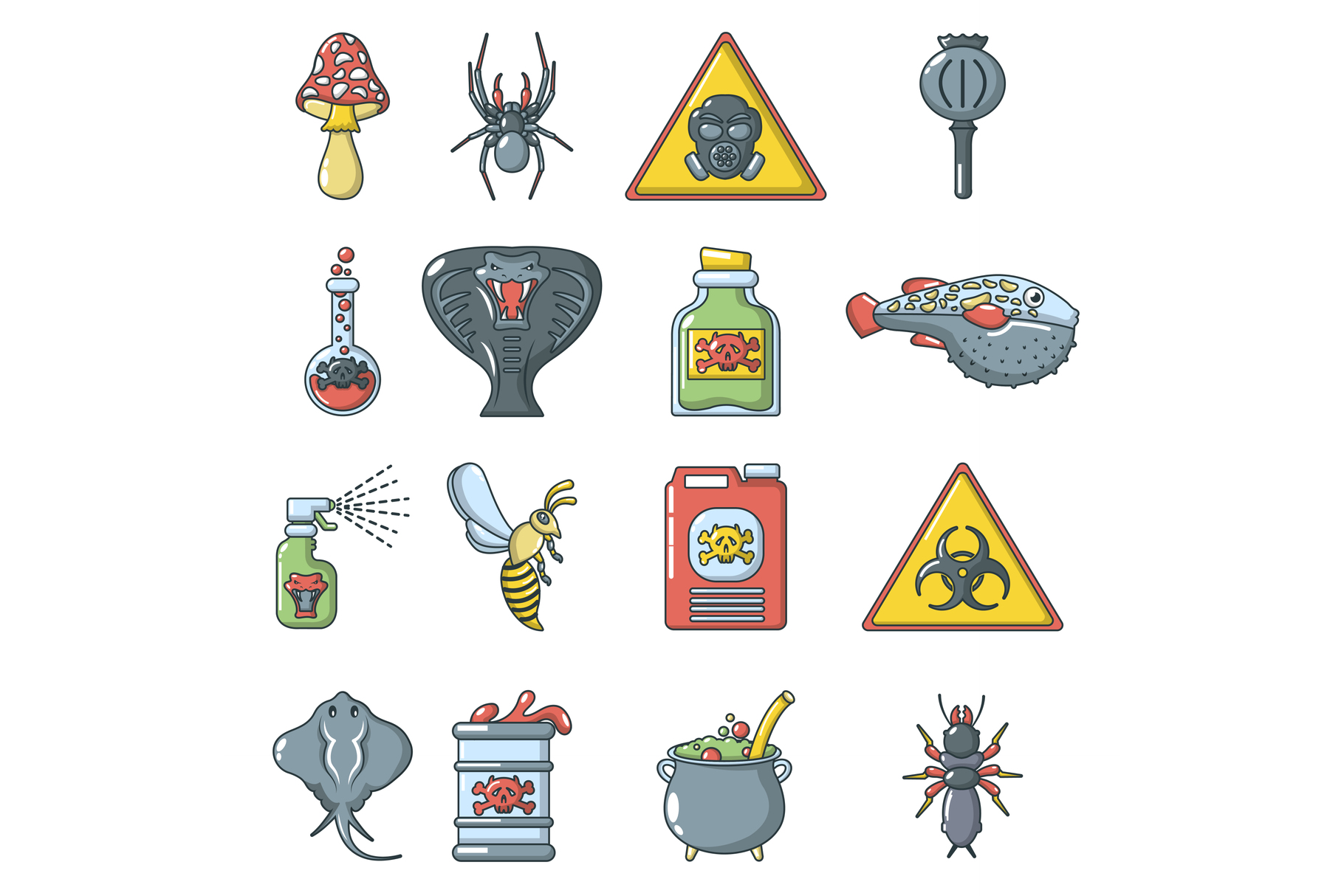 Poison danger toxic icons set, cartoon style
