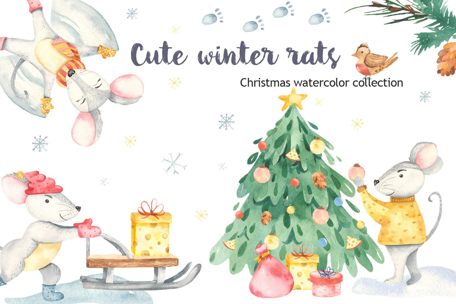 Christmas cute rats/mouse. Watercolor set clipart winter