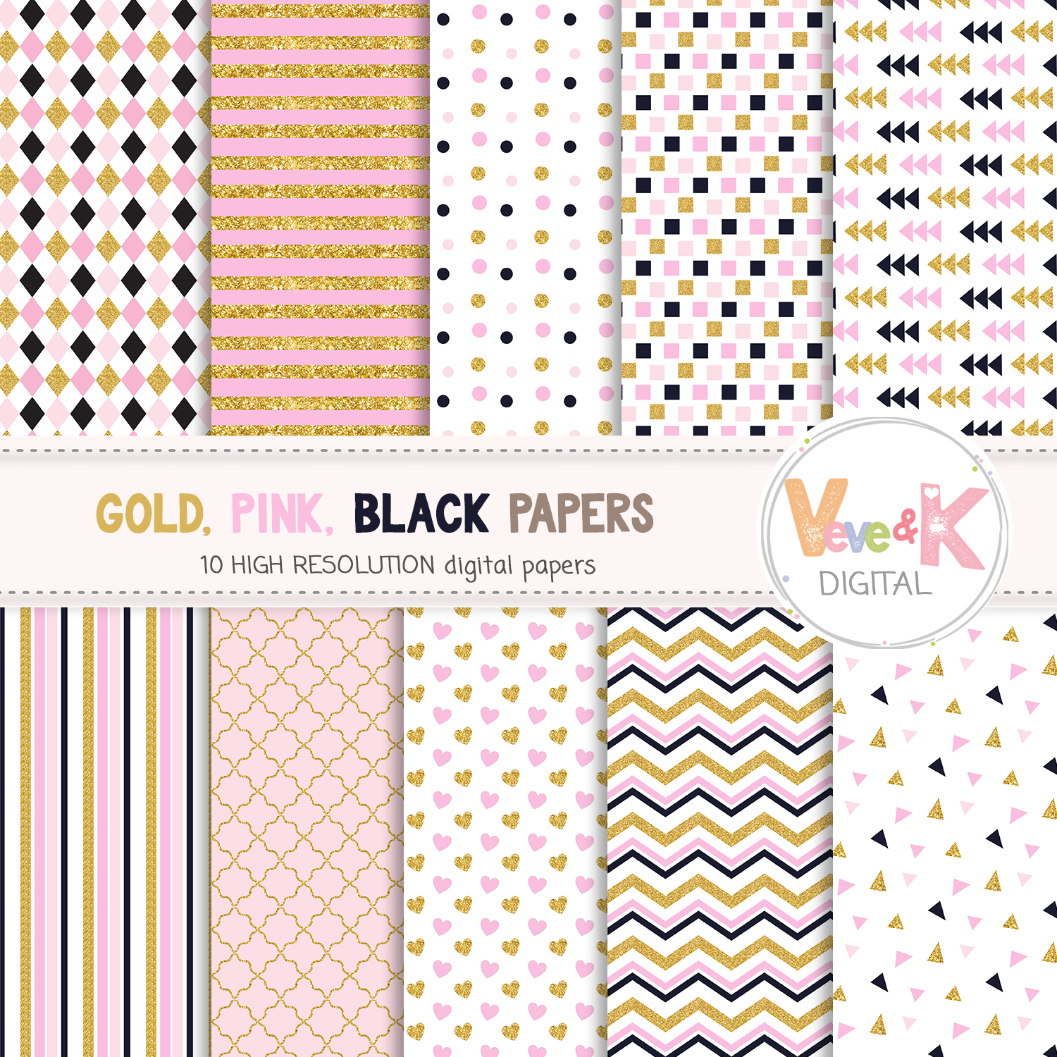 Gold Glitter Digital Papers, Pink and Gold Papers, Pink and Black Paper ...