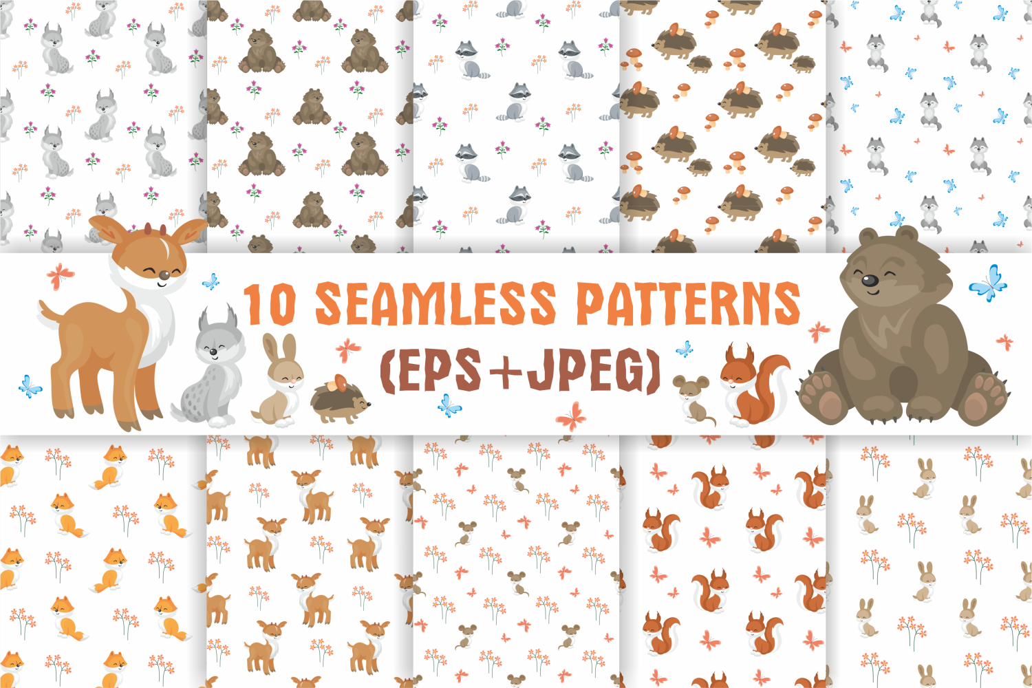 Woodland animals. Seamless patterns set.