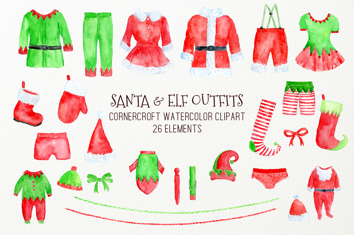 Watercolor Santa and Elf Outfit Clipart (139847) | Illustrations ...