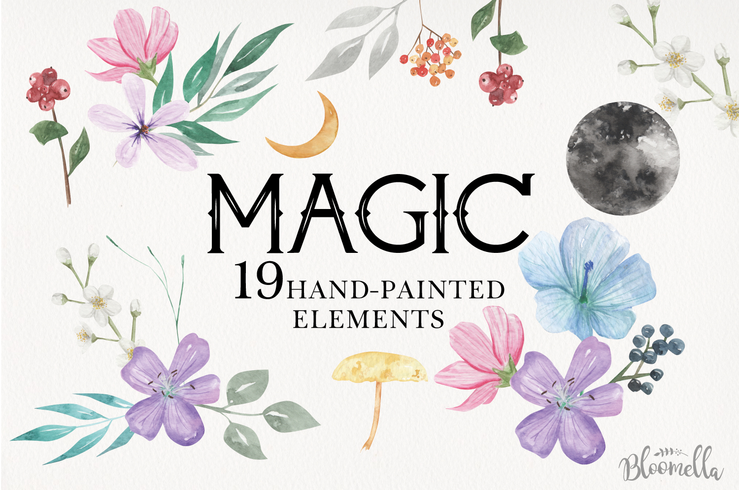 Magic Watercolor 19 Elements Flowers Leaves Purple Florals