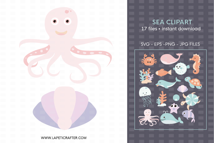 Ocean creatures clipart set, under the sea vector graphics (268307 ...