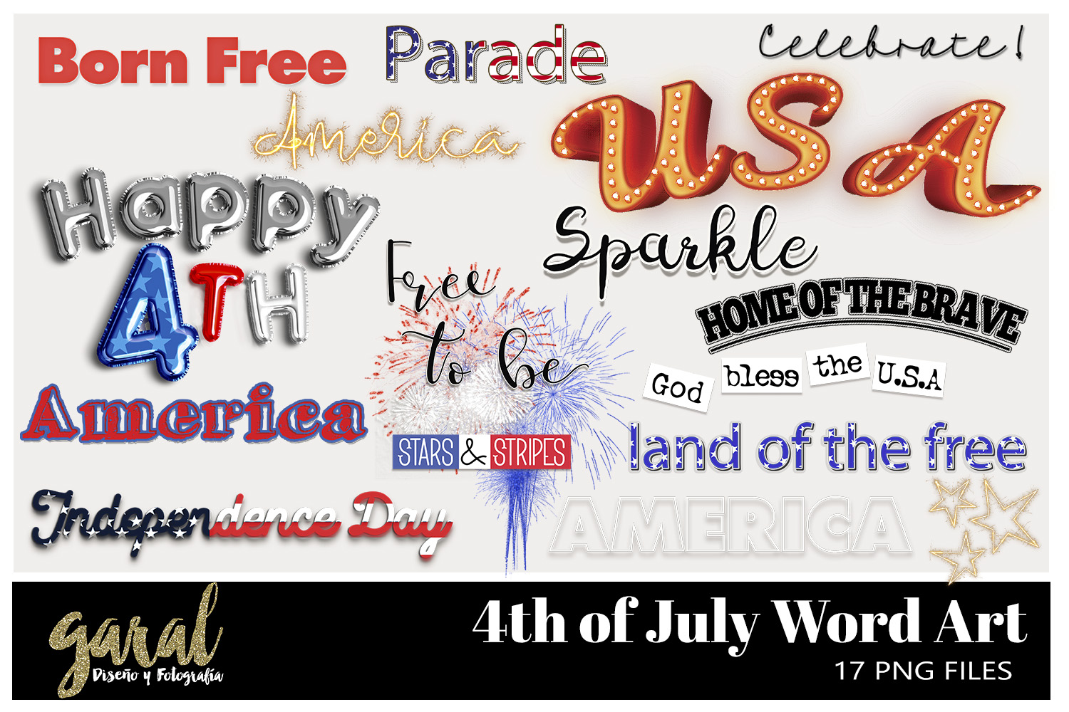 4th OF JULY WORD ART, Photoshop Overlays, 17 PNGs
