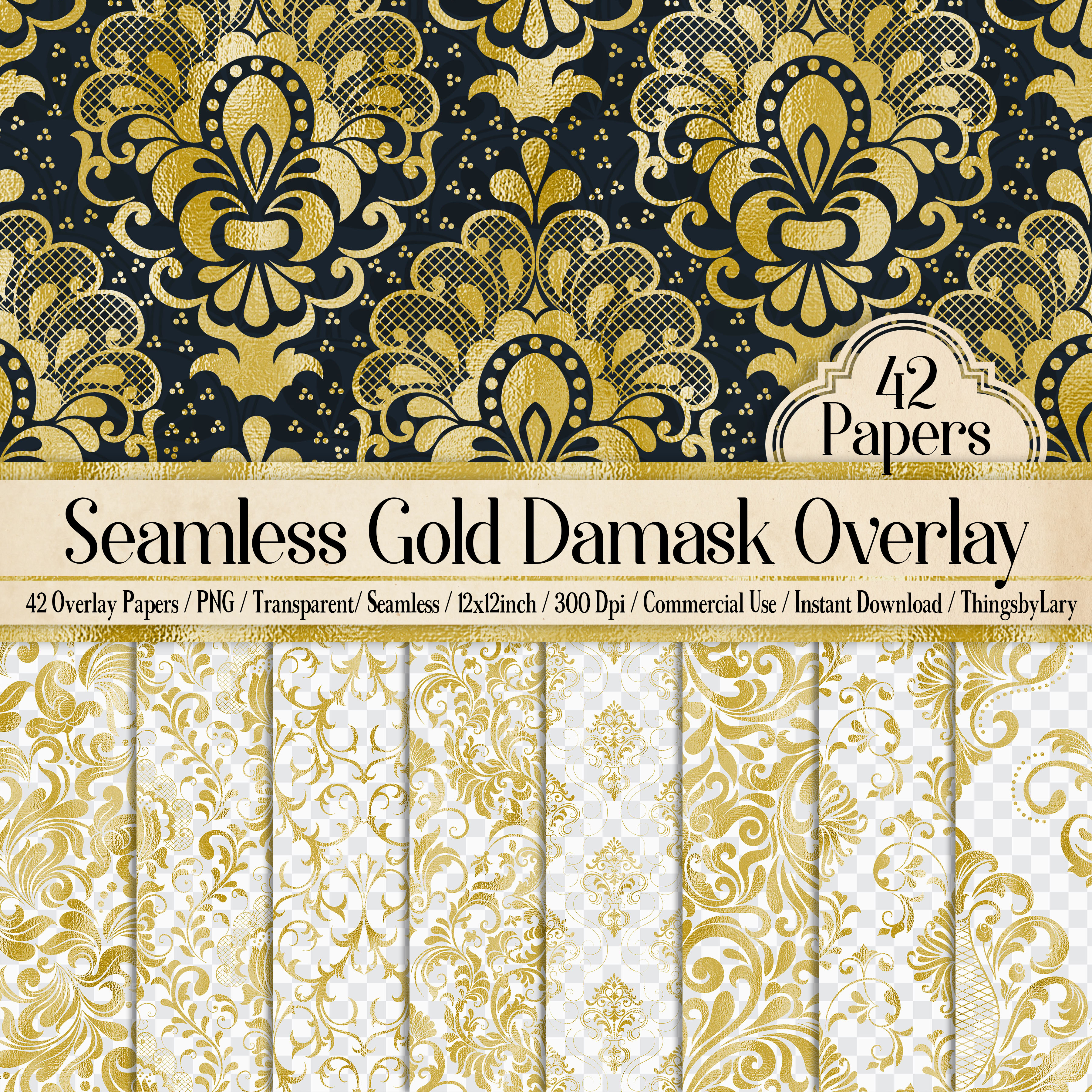 42 Gold Foil Seamless Damask Ornament Transparent Overlays