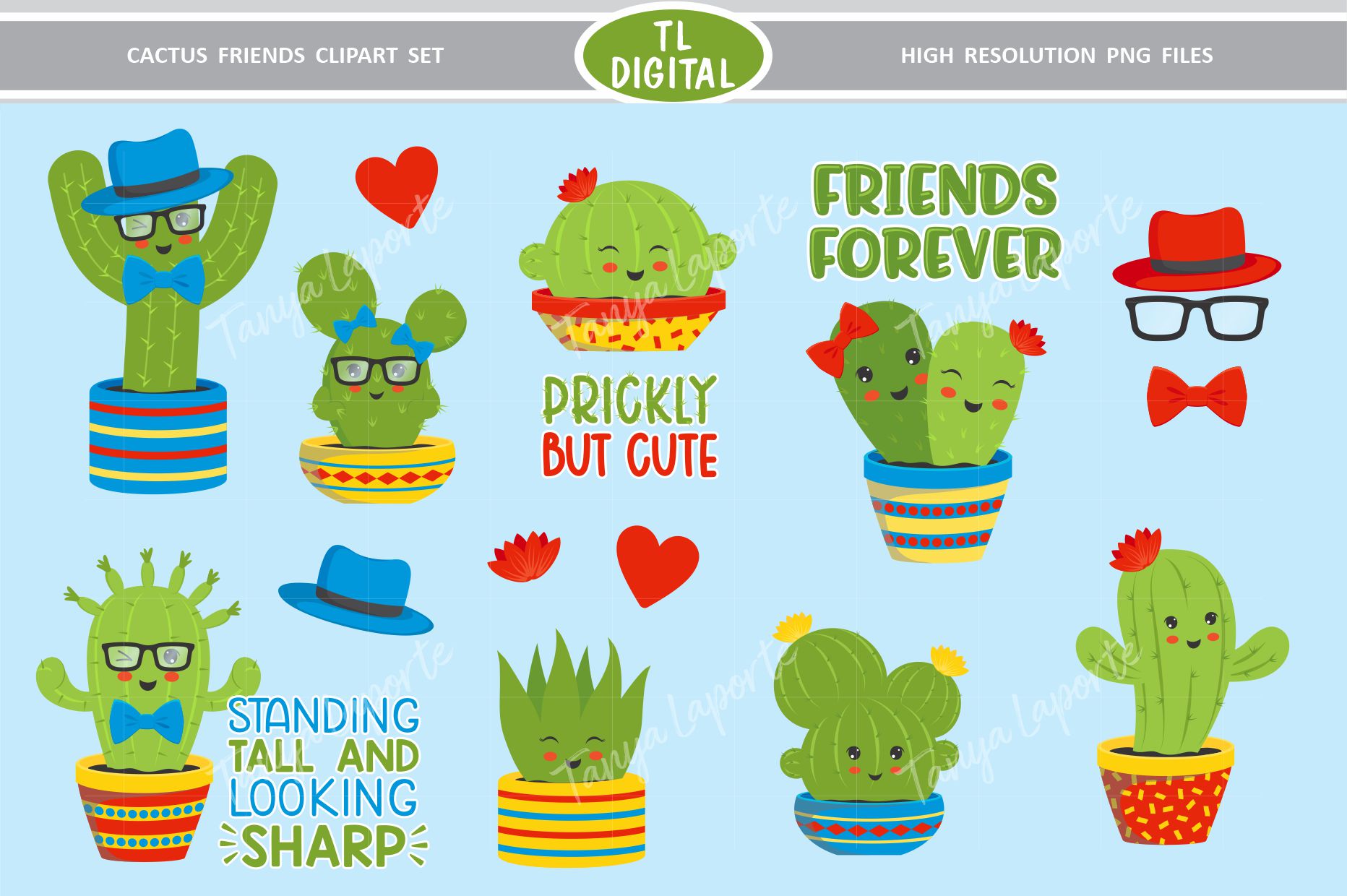 Cactus Friends Clipart Set - 19 Graphics - PNG Files