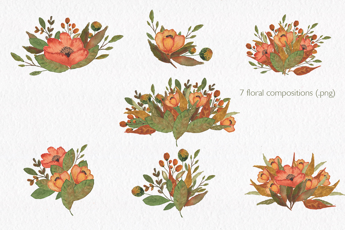 Watercolor floral set. Terracotta autumn.
