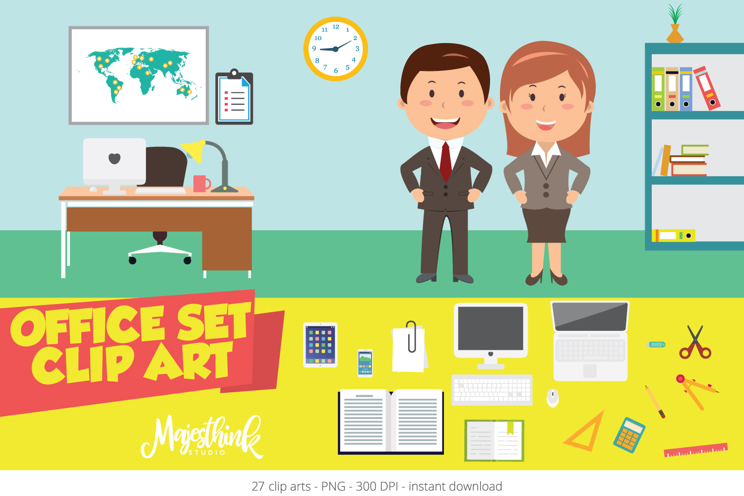 OFFICE SET Clip Art - with desk, stationery, computer elements
