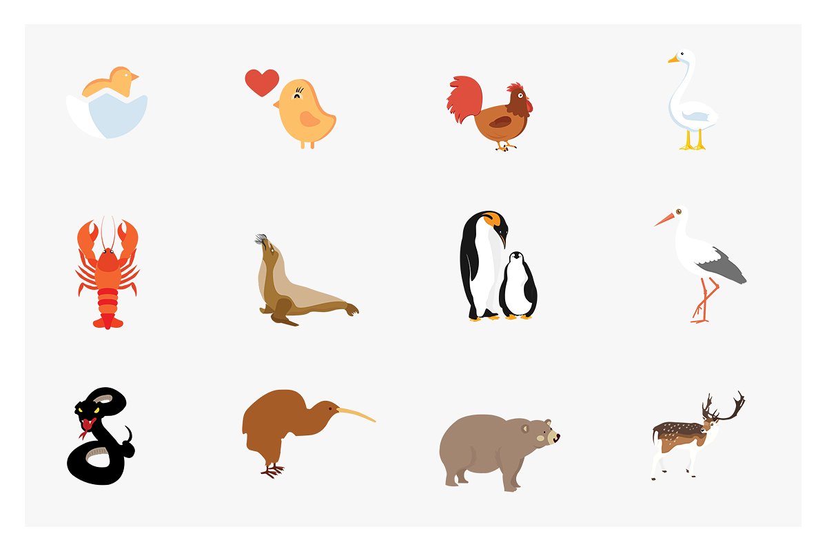 Animals, Birds and Insects Flat Icons Set (76212) | Icons | Design Bundles