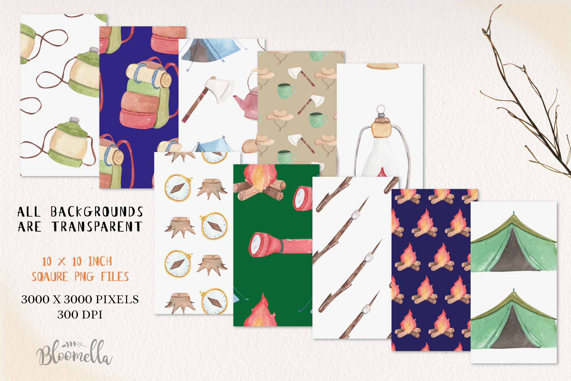 Camping Seamless Patterns Digital Papers Camp Fire Tents